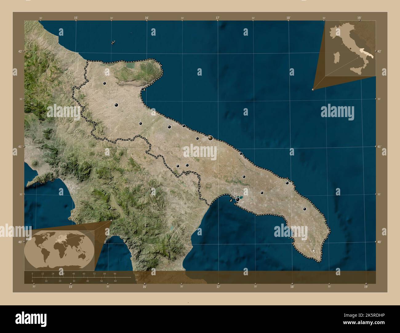 Apulia, region of Italy. Low resolution satellite map. Locations of ...