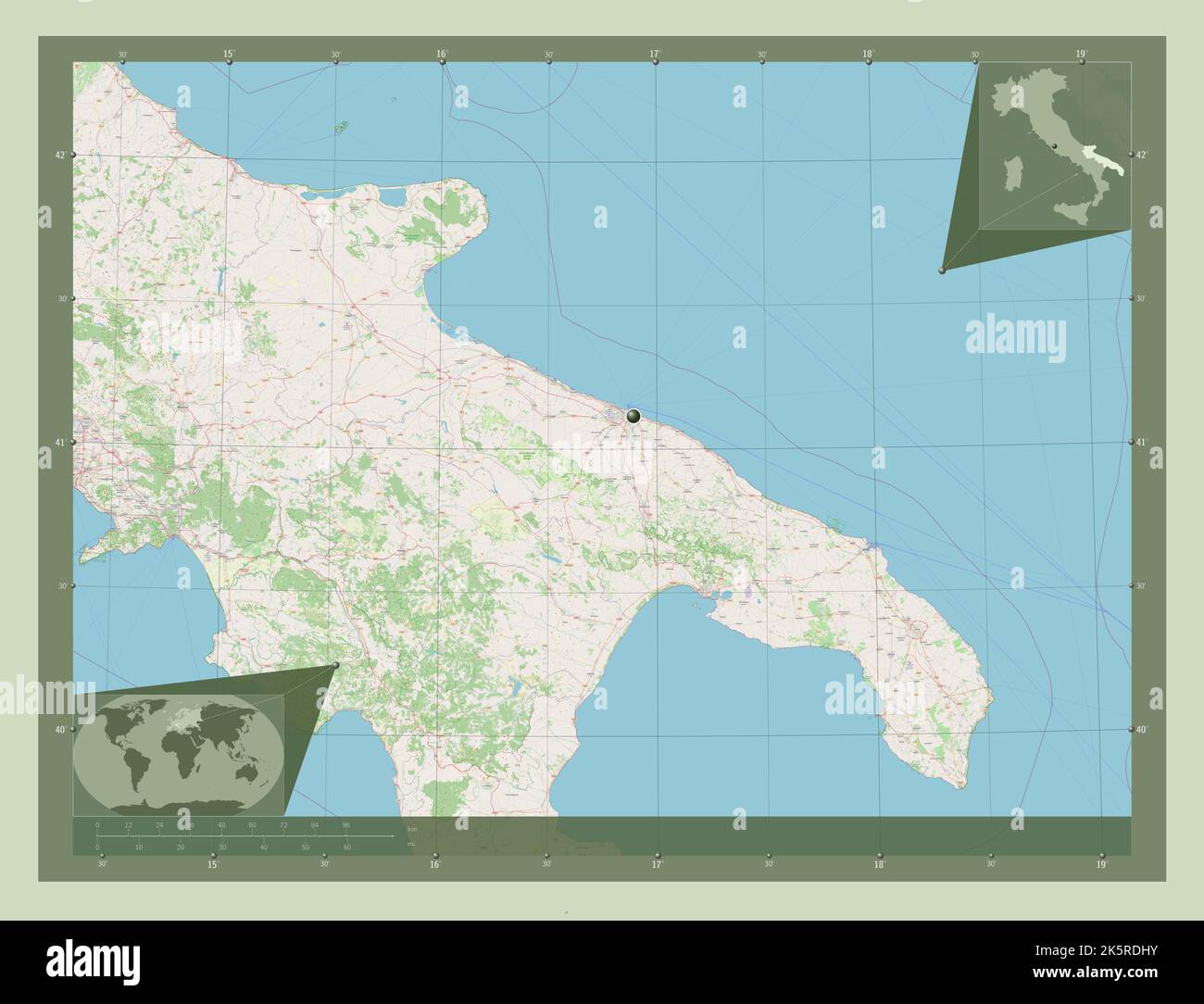 Apulia, region of Italy. Open Street Map. Corner auxiliary location ...