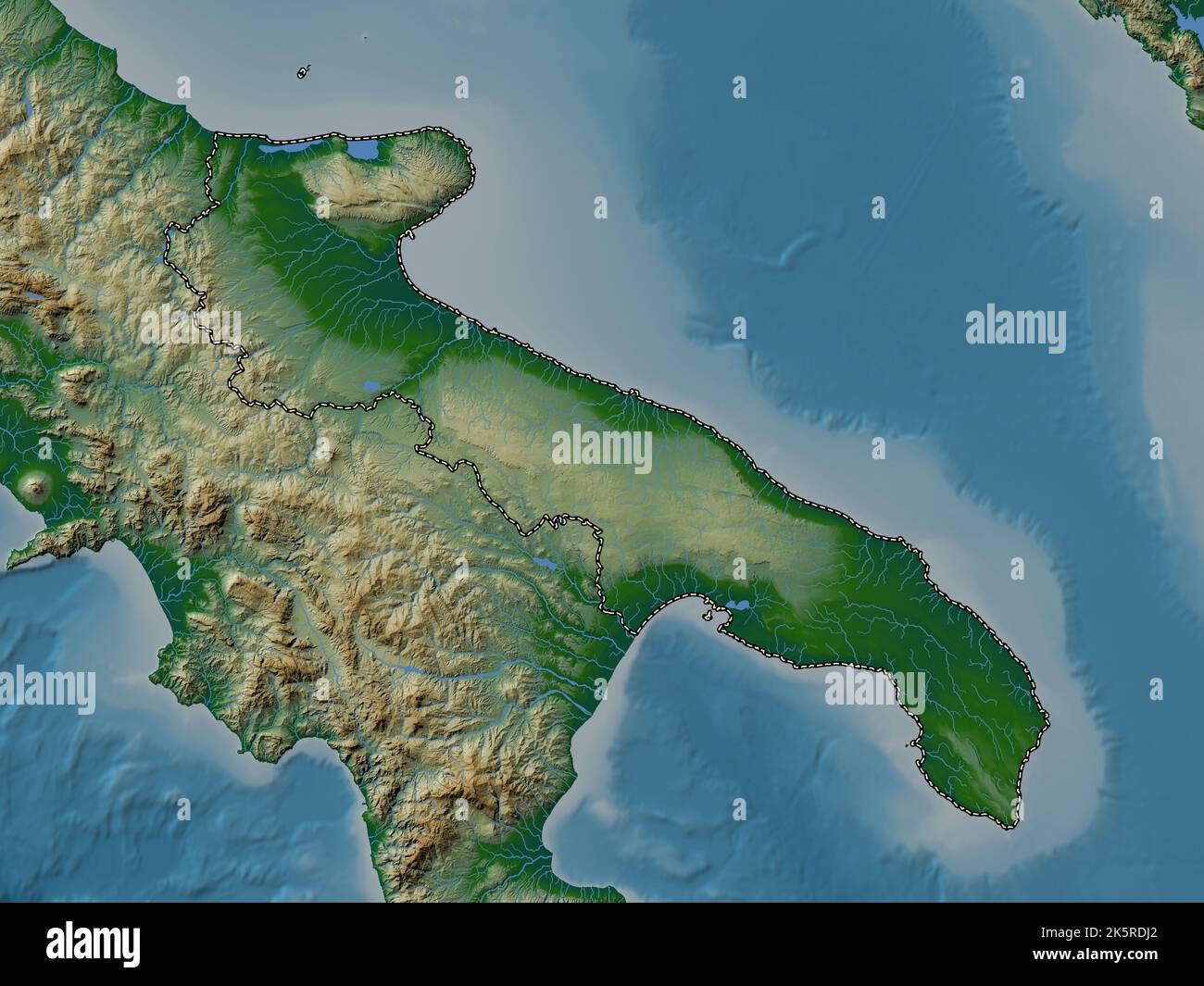 Apulia, region of Italy. Colored elevation map with lakes and rivers ...