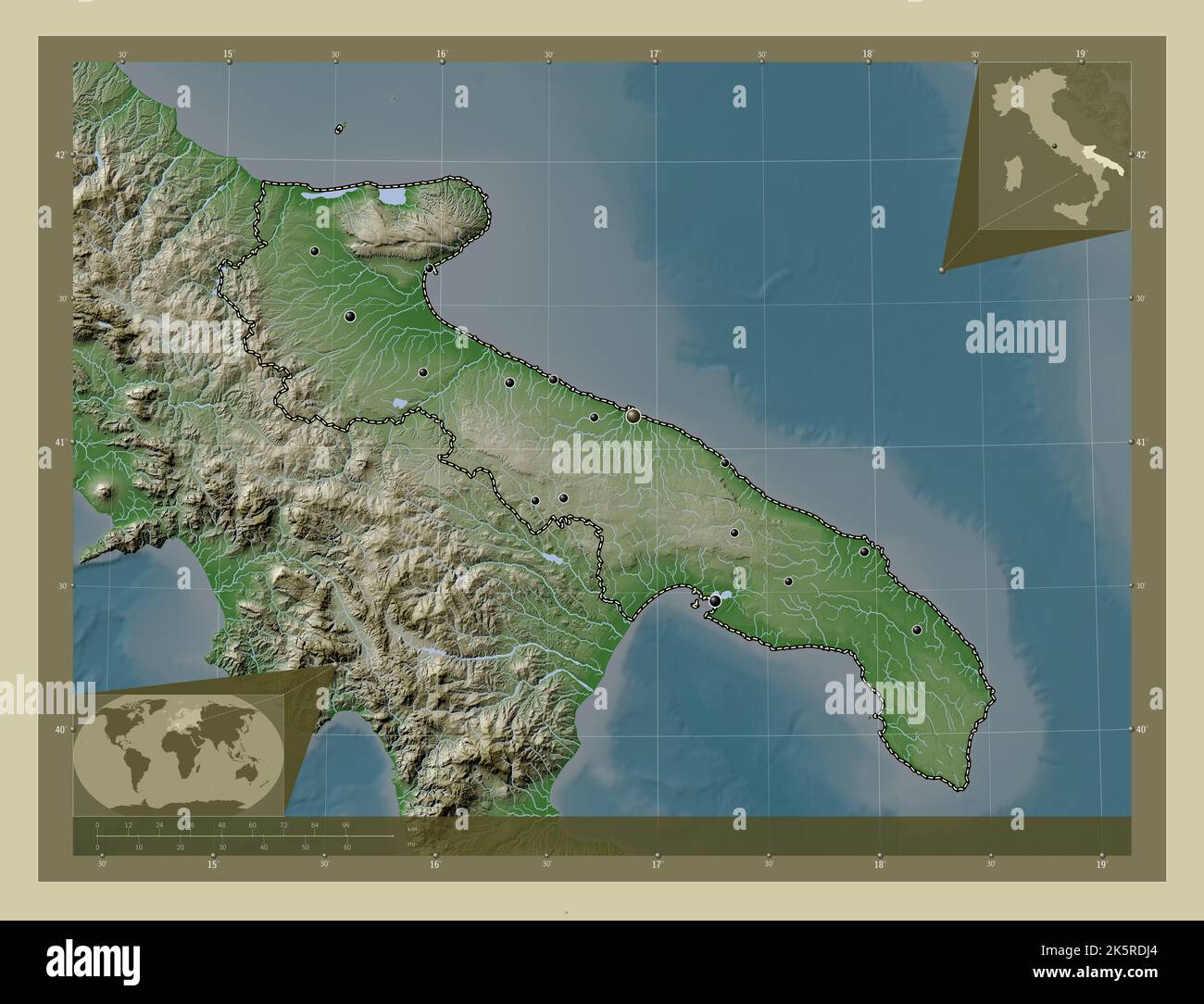 Apulia, region of Italy. Elevation map colored in wiki style with lakes ...