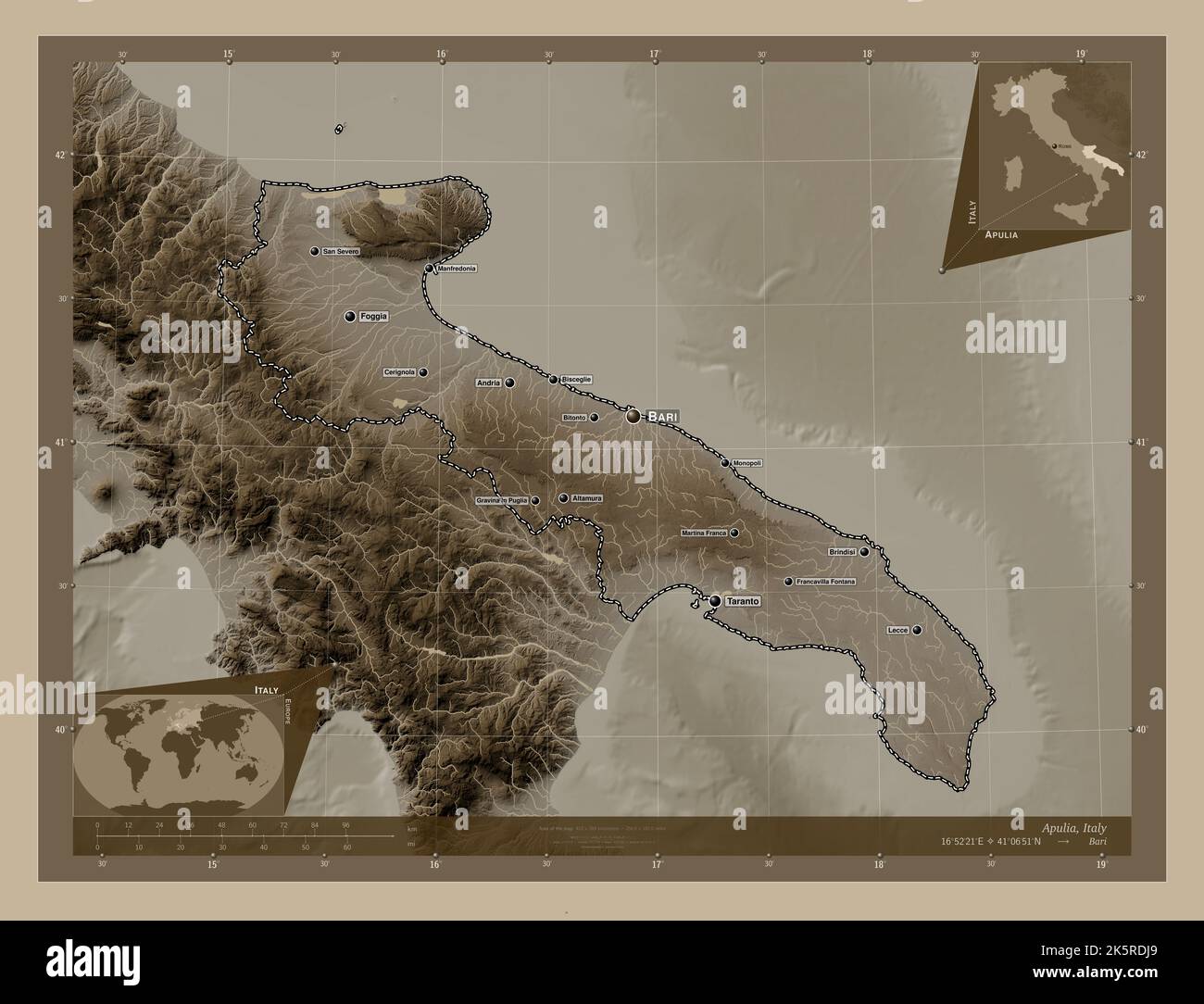 Apulia, region of Italy. Elevation map colored in sepia tones with ...