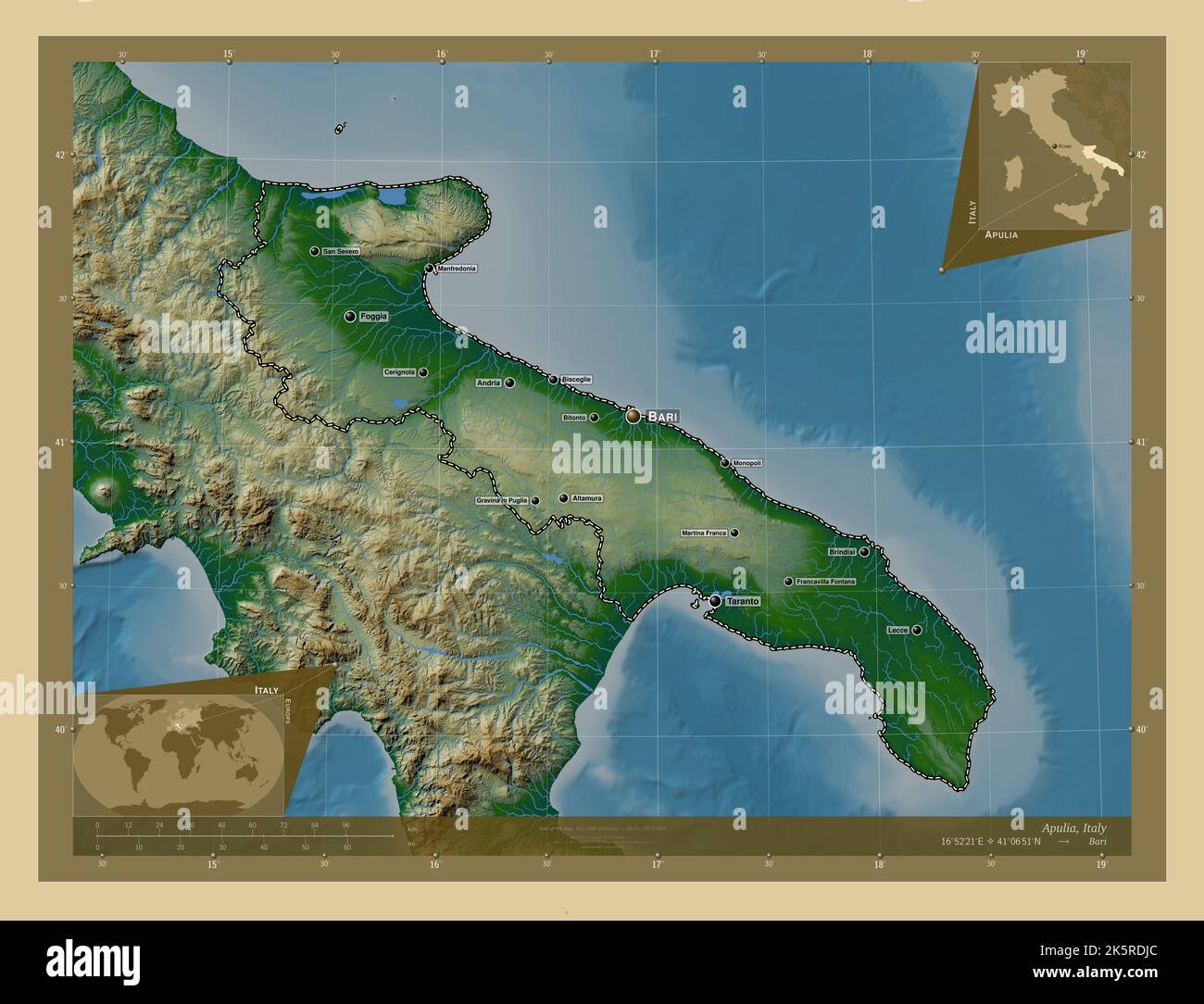 Apulia, region of Italy. Colored elevation map with lakes and rivers ...