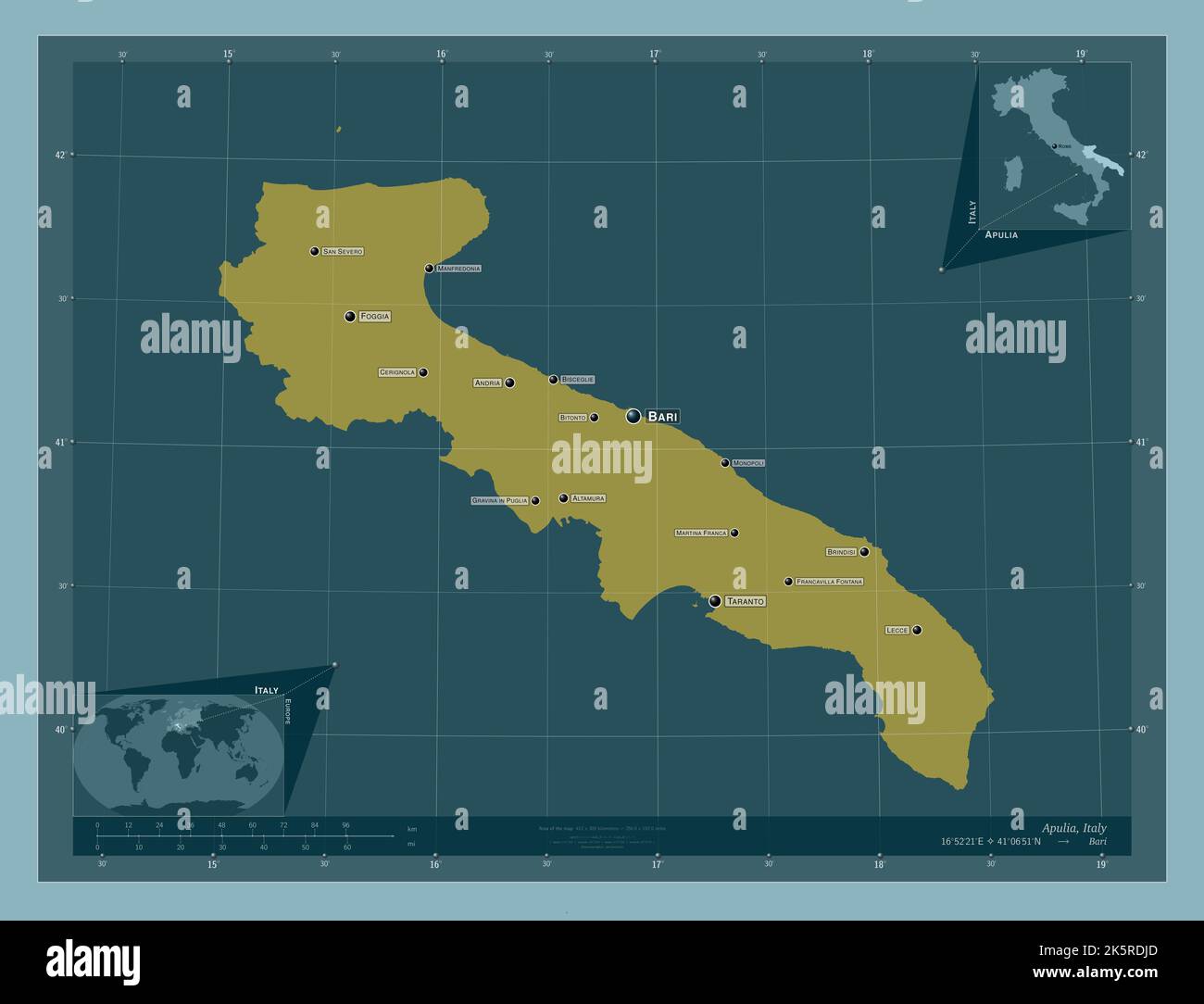 Apulia, region of Italy. Solid color shape. Locations and names of ...
