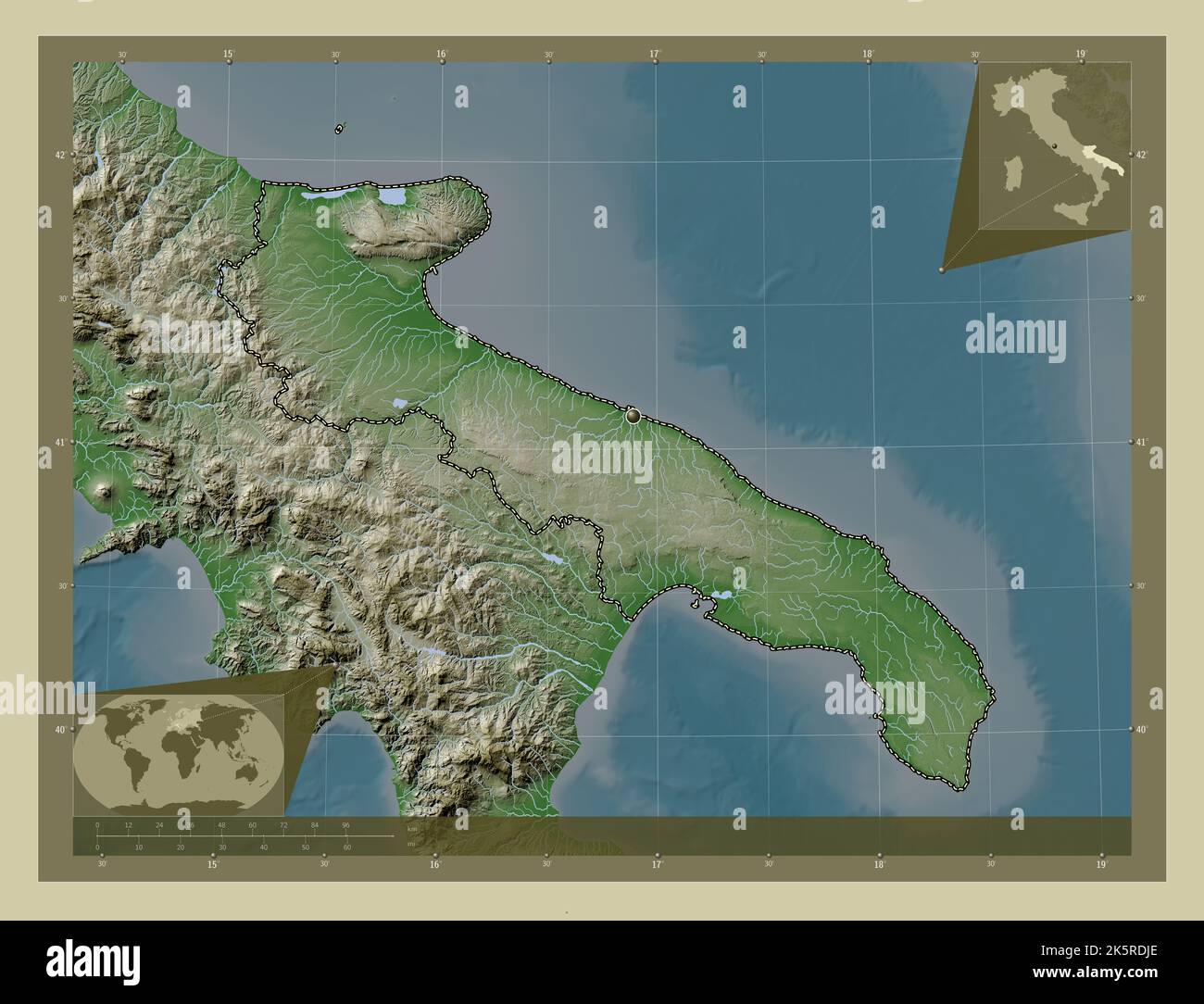 Apulia, region of Italy. Elevation map colored in wiki style with lakes ...