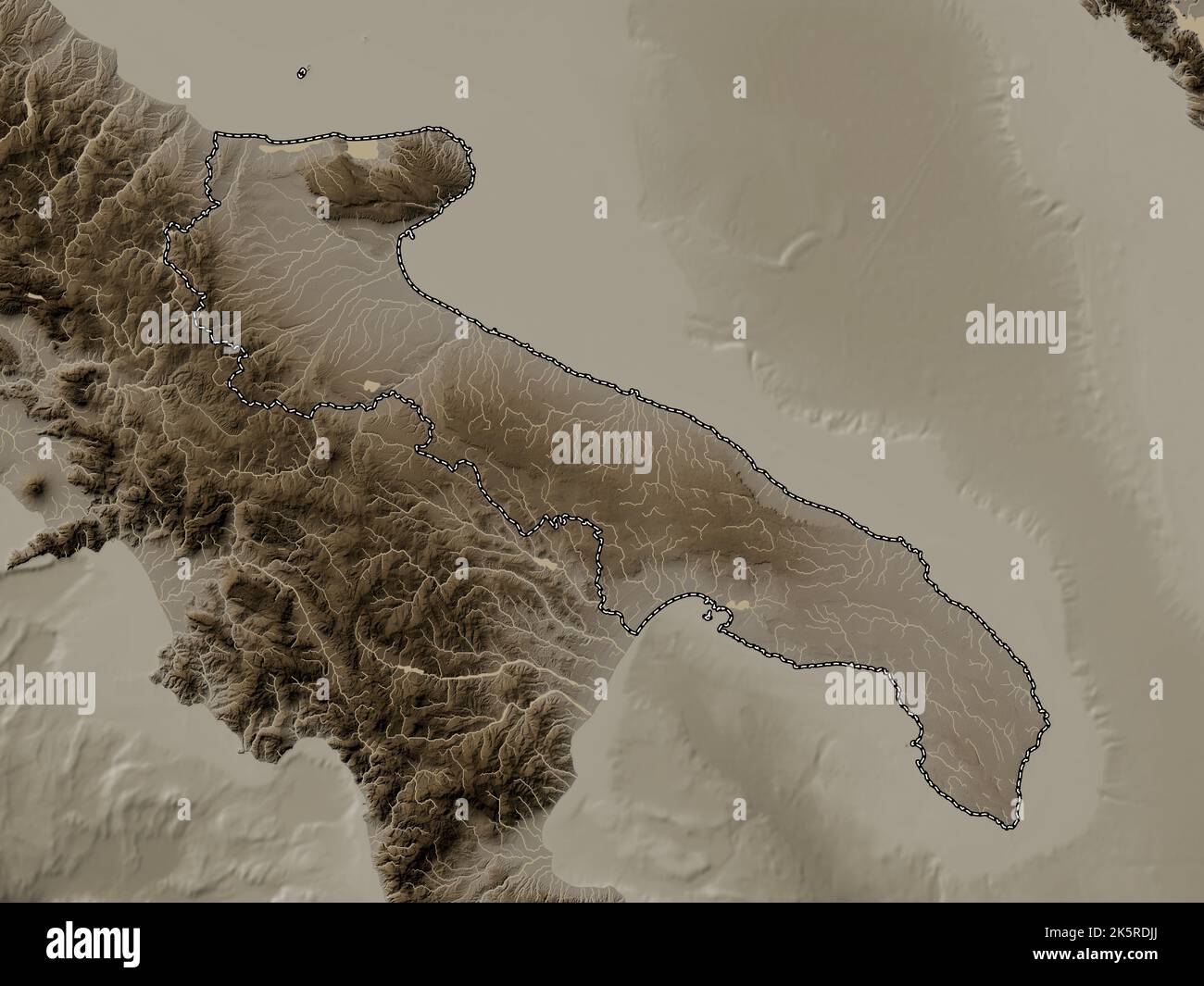 Apulia, region of Italy. Elevation map colored in sepia tones with ...