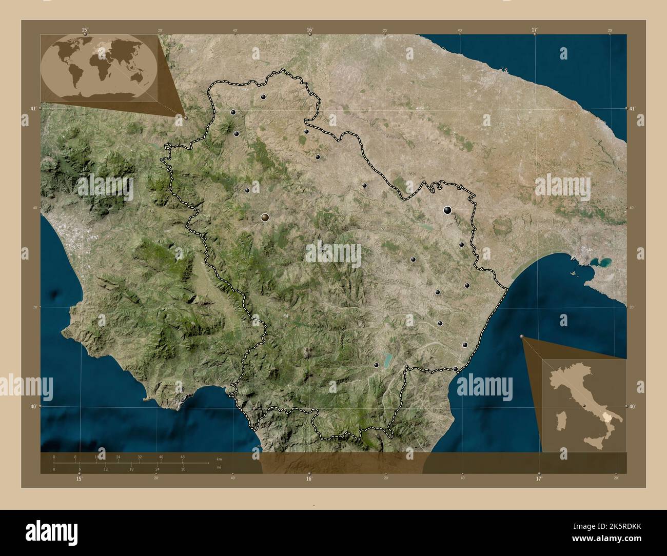 Basilicata, region of Italy. Low resolution satellite map. Locations of ...