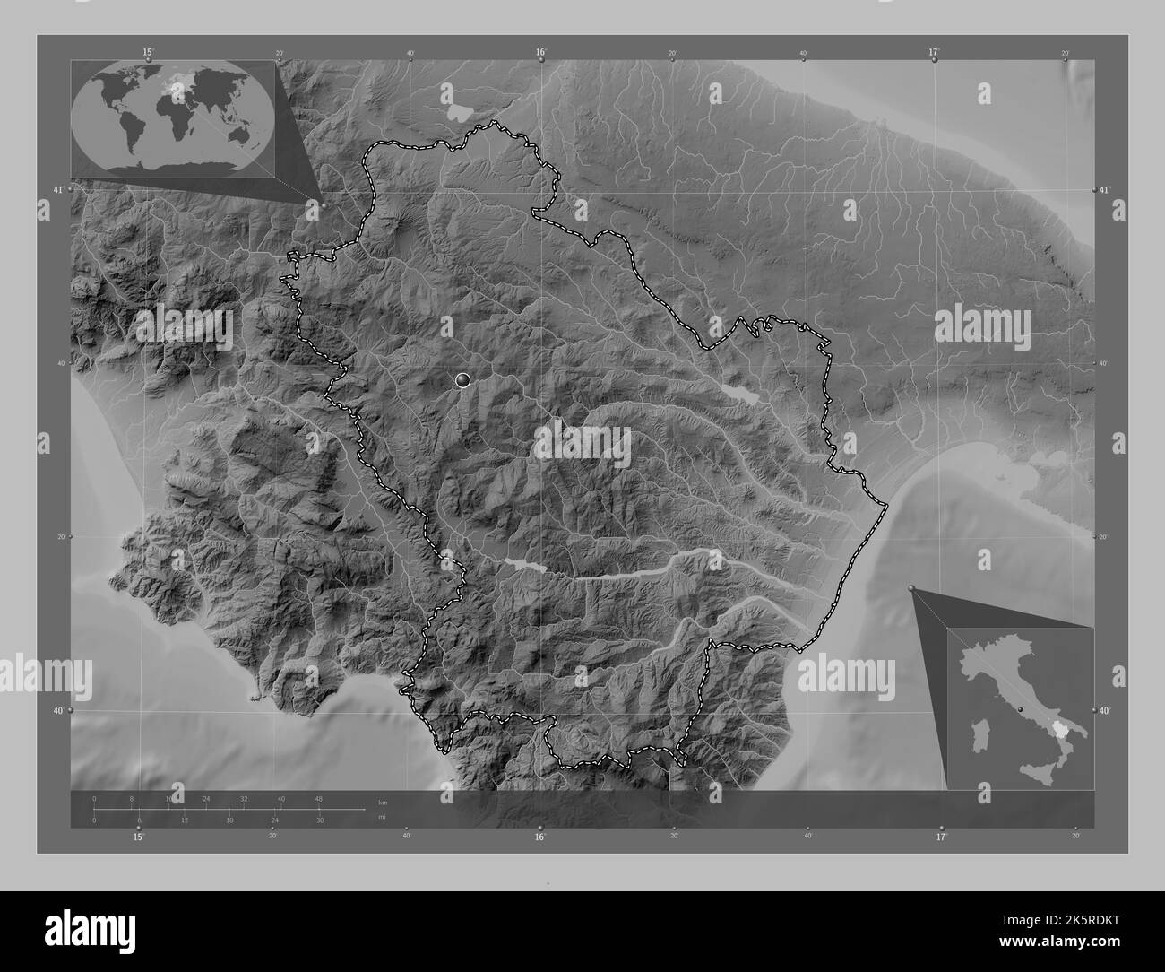 Basilicata, region of Italy. Grayscale elevation map with lakes and ...
