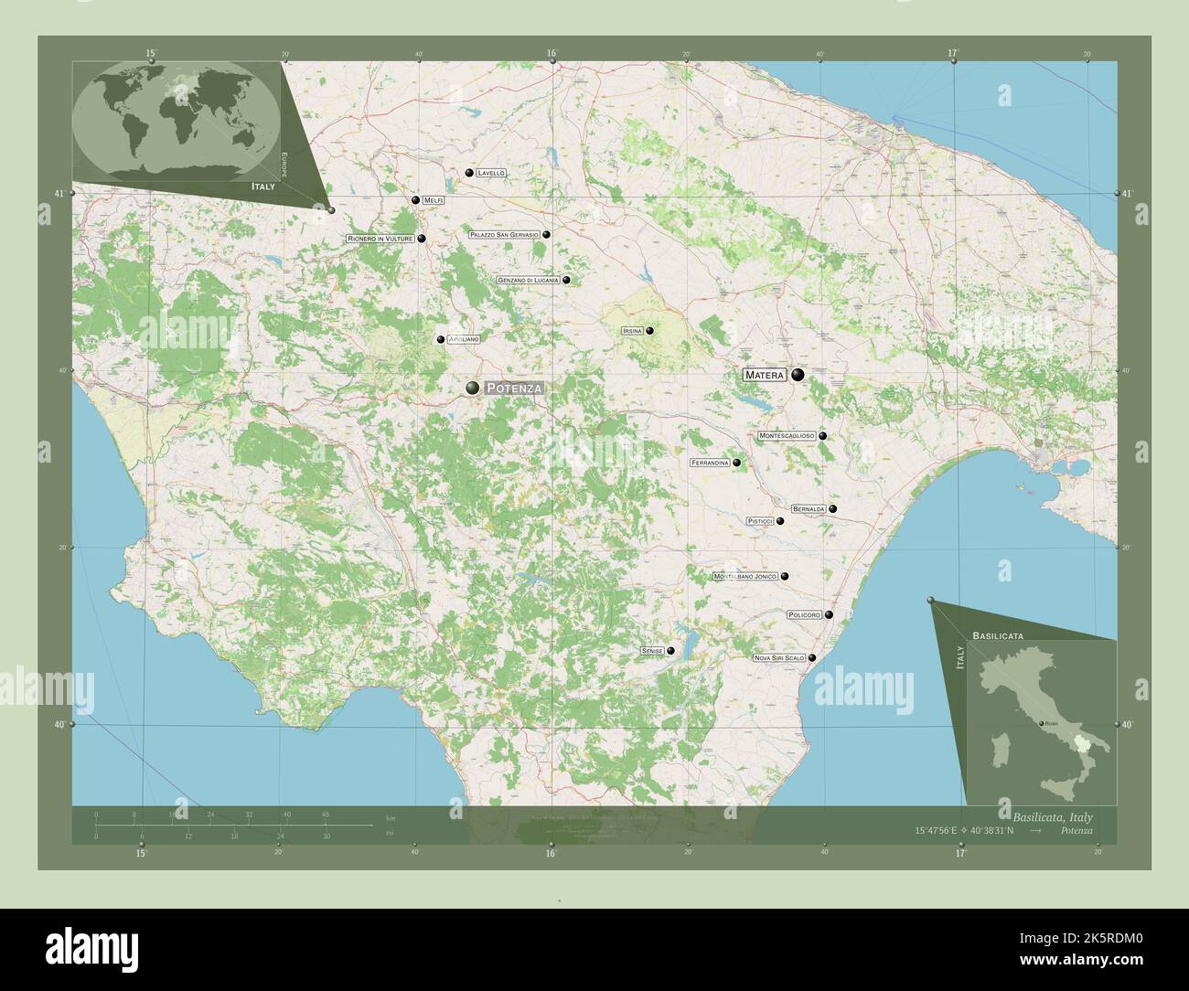 Basilicata, region of Italy. Open Street Map. Locations and names of ...