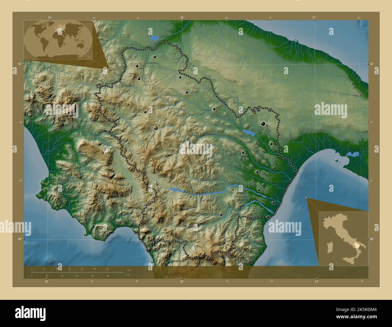 Basilicata, region of Italy. Colored elevation map with lakes and ...