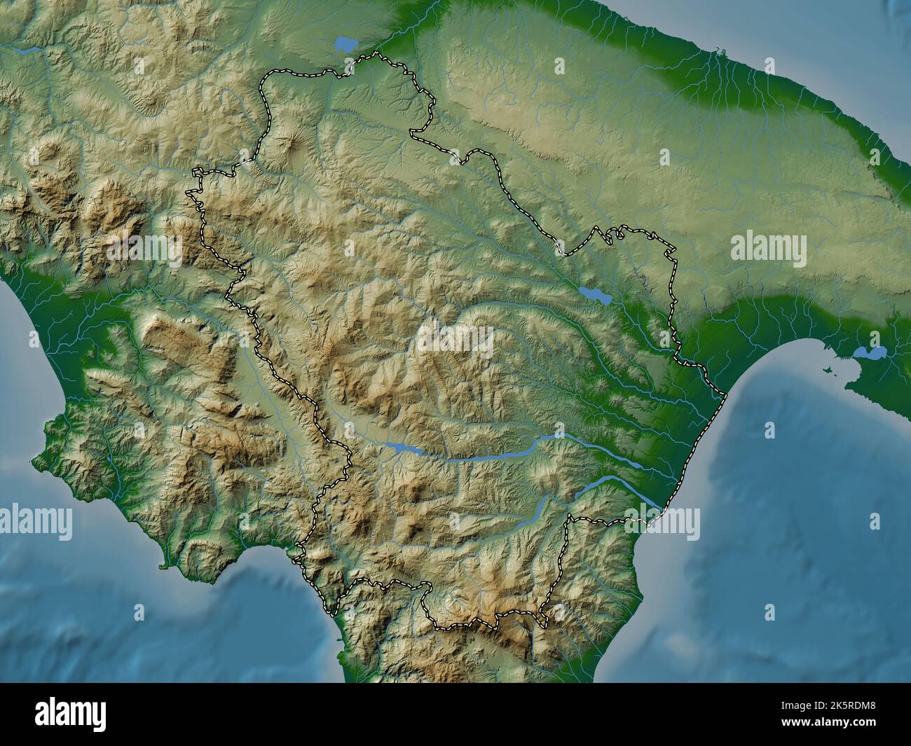 Basilicata, region of Italy. Colored elevation map with lakes and ...