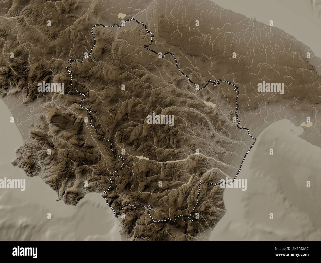 Basilicata, region of Italy. Elevation map colored in sepia tones with ...