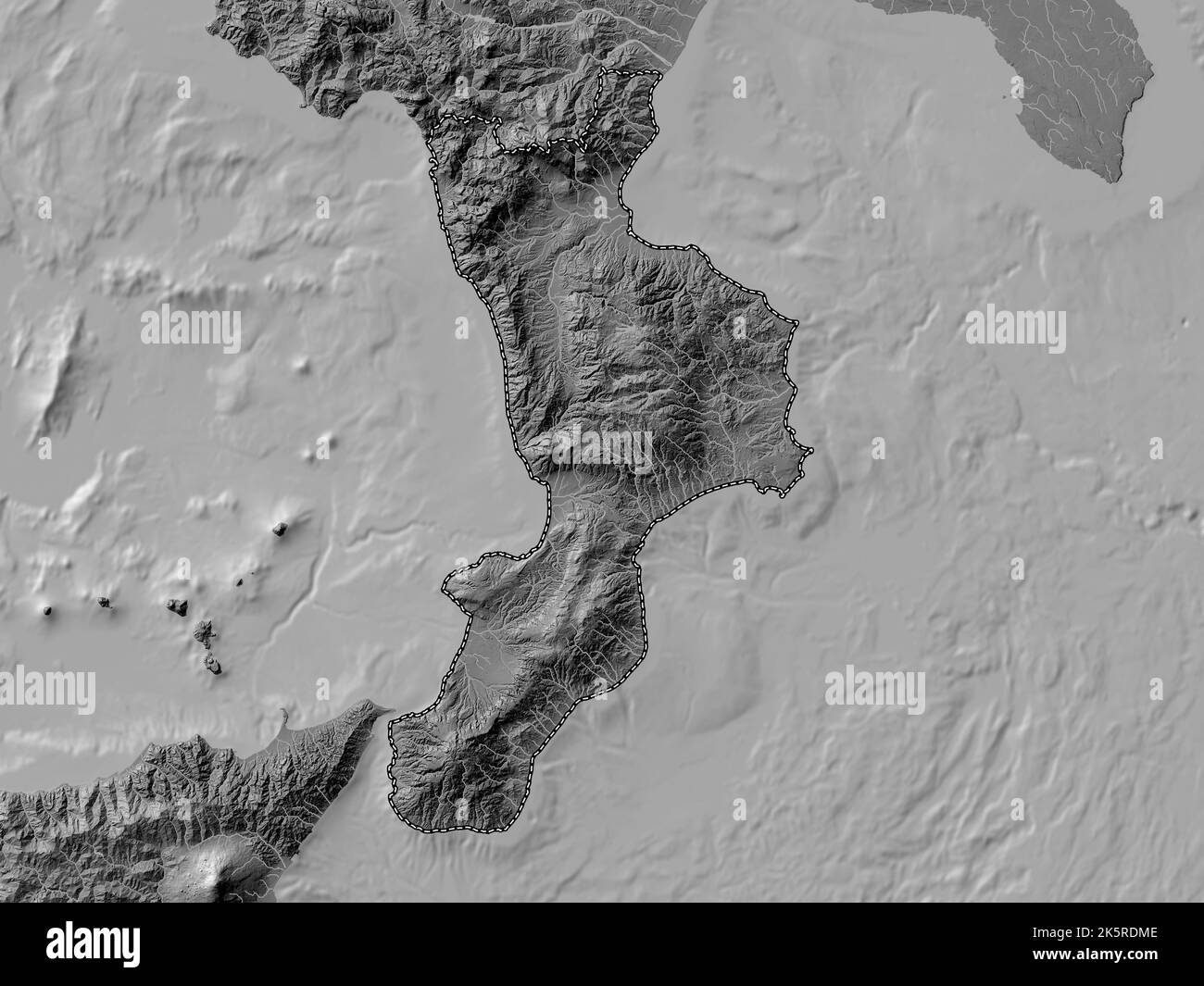 Calabria, region of Italy. Bilevel elevation map with lakes and rivers ...