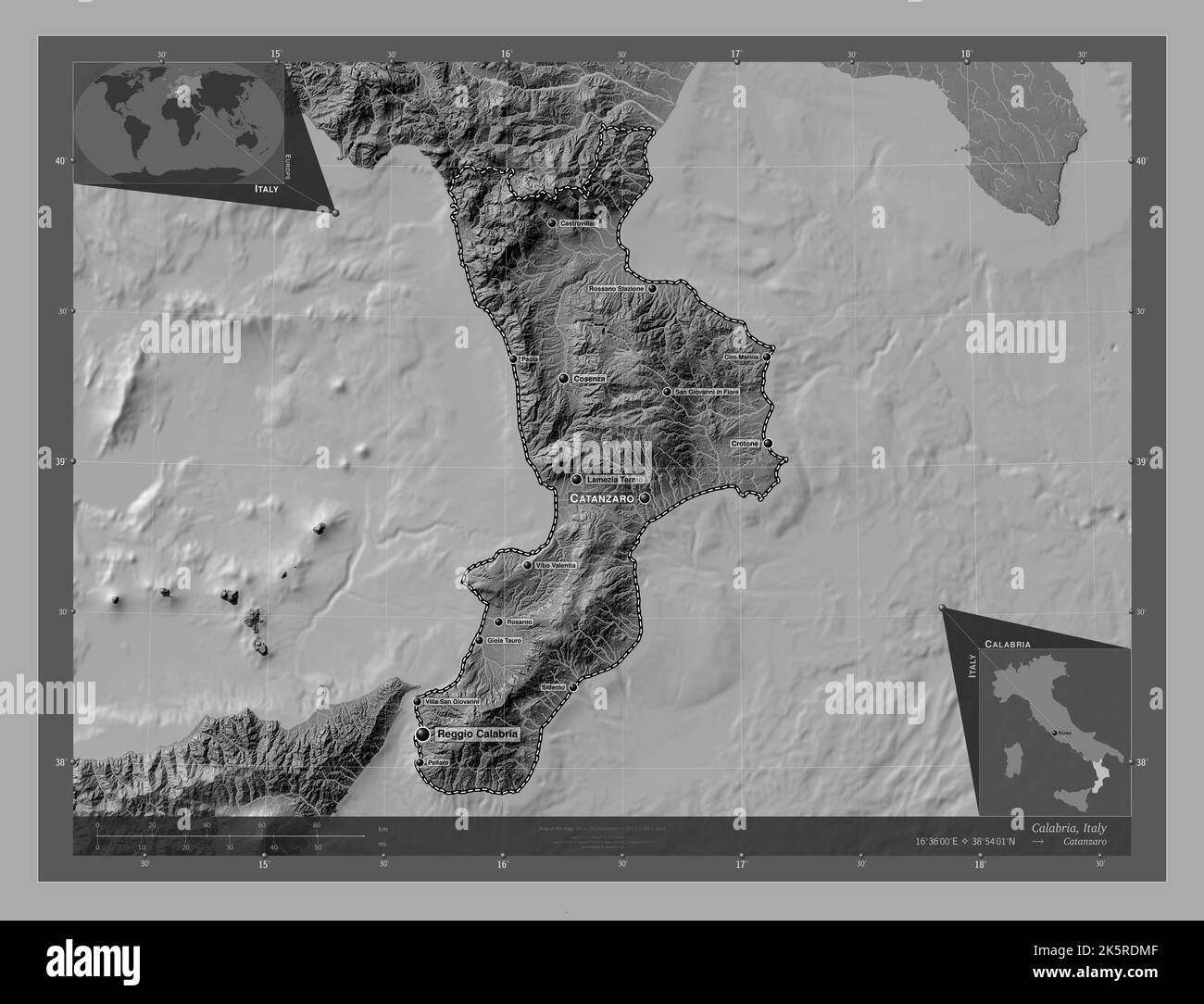 Calabria, region of Italy. Bilevel elevation map with lakes and rivers ...