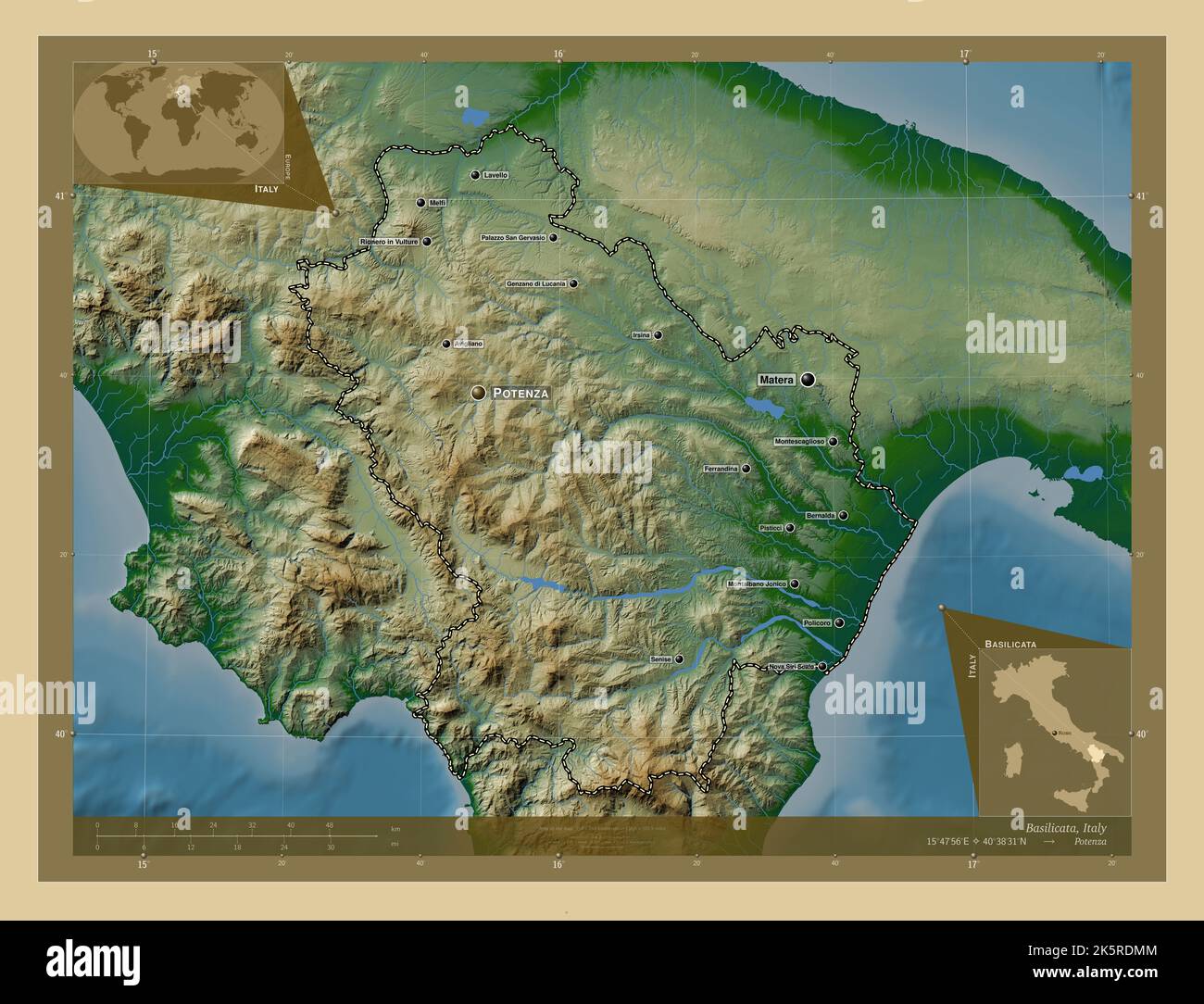 Basilicata, region of Italy. Colored elevation map with lakes and ...