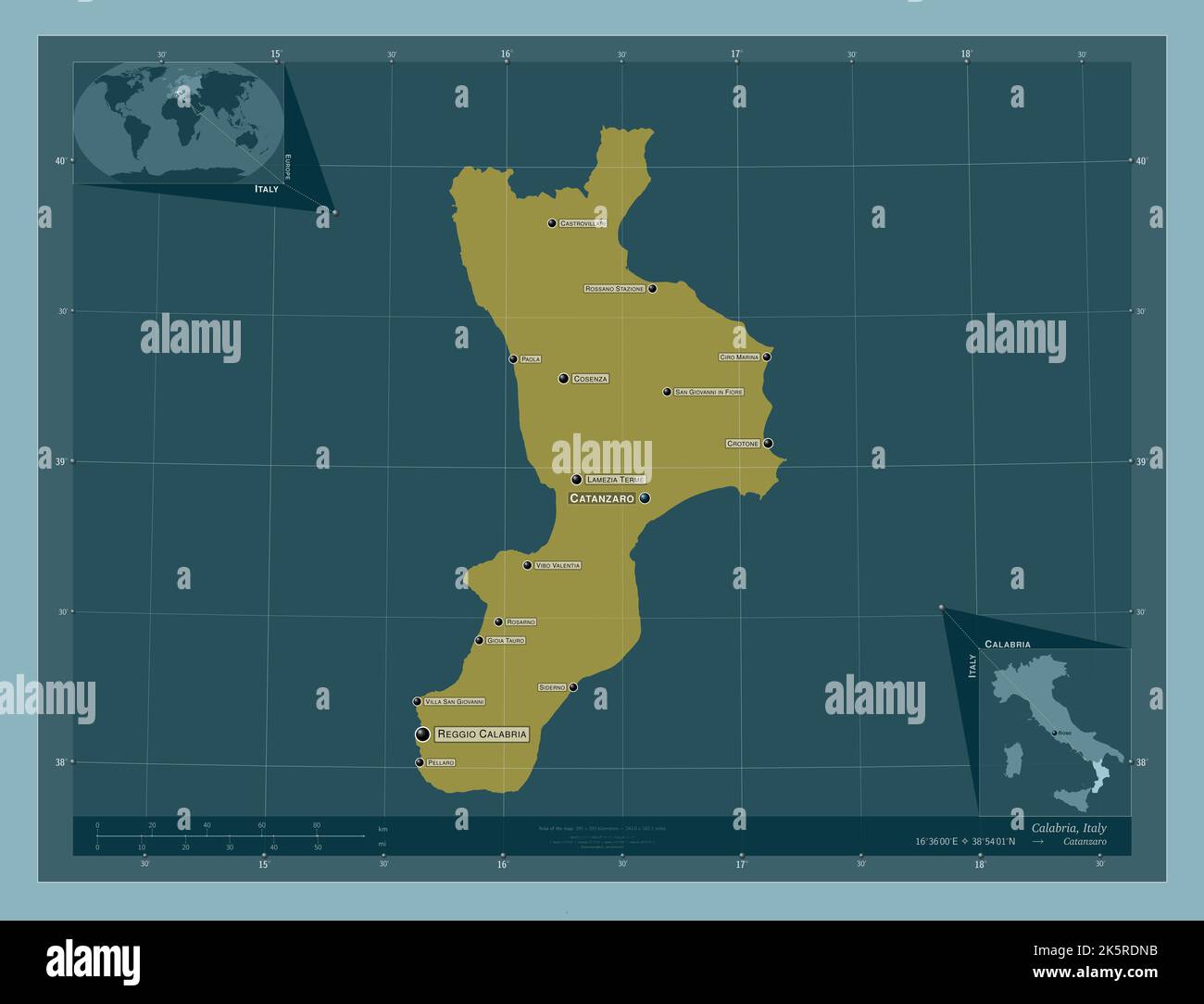 Calabria, region of Italy. Solid color shape. Locations and names of ...