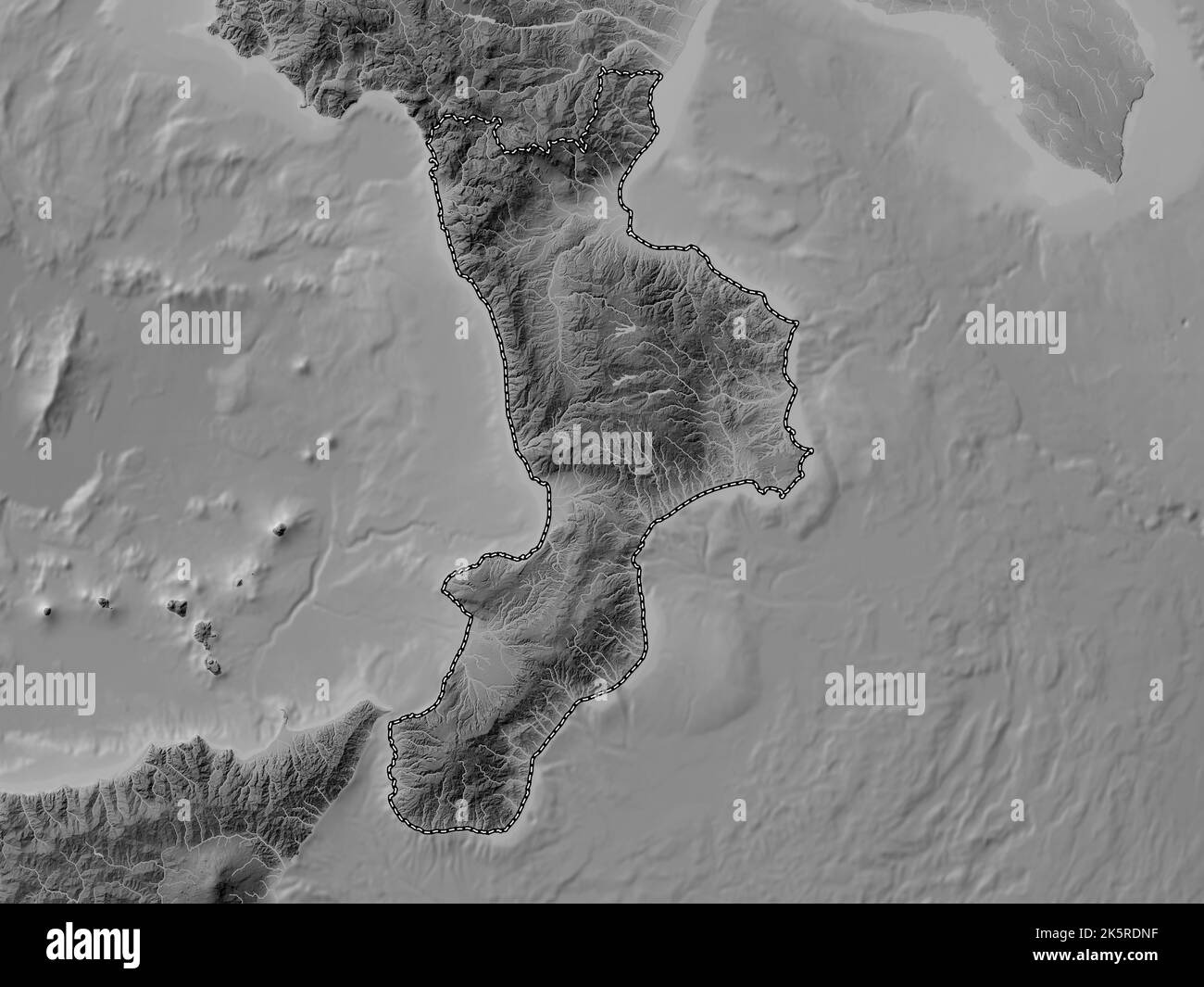 Calabria, region of Italy. Grayscale elevation map with lakes and ...