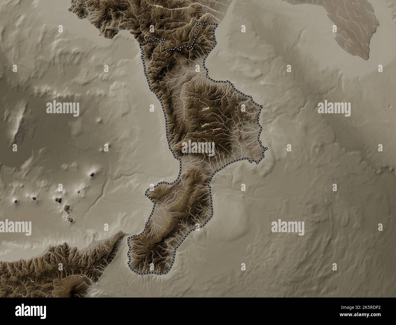 Calabria, region of Italy. Elevation map colored in sepia tones with ...