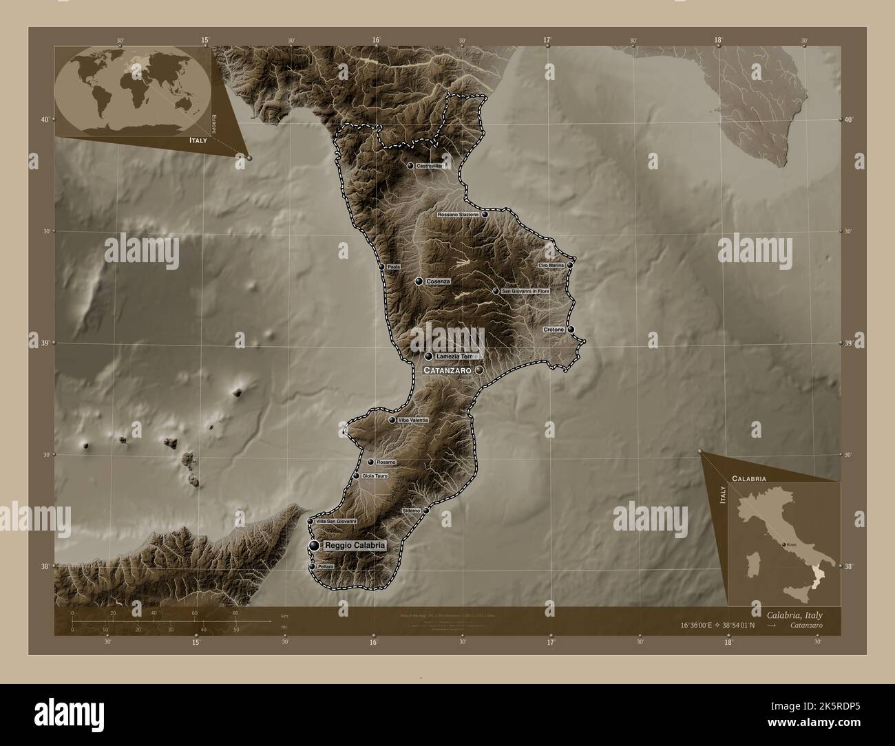 Calabria, region of Italy. Elevation map colored in sepia tones with ...