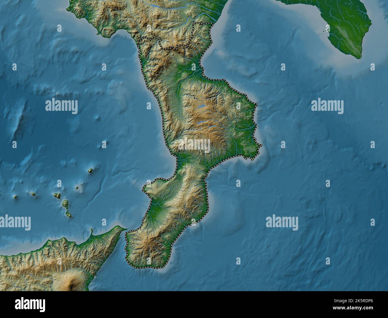 Calabria, region of Italy. Colored elevation map with lakes and rivers ...