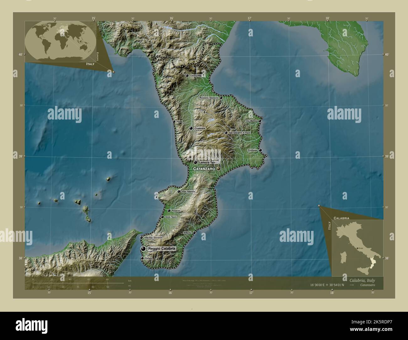 Calabria, region of Italy. Elevation map colored in wiki style with ...