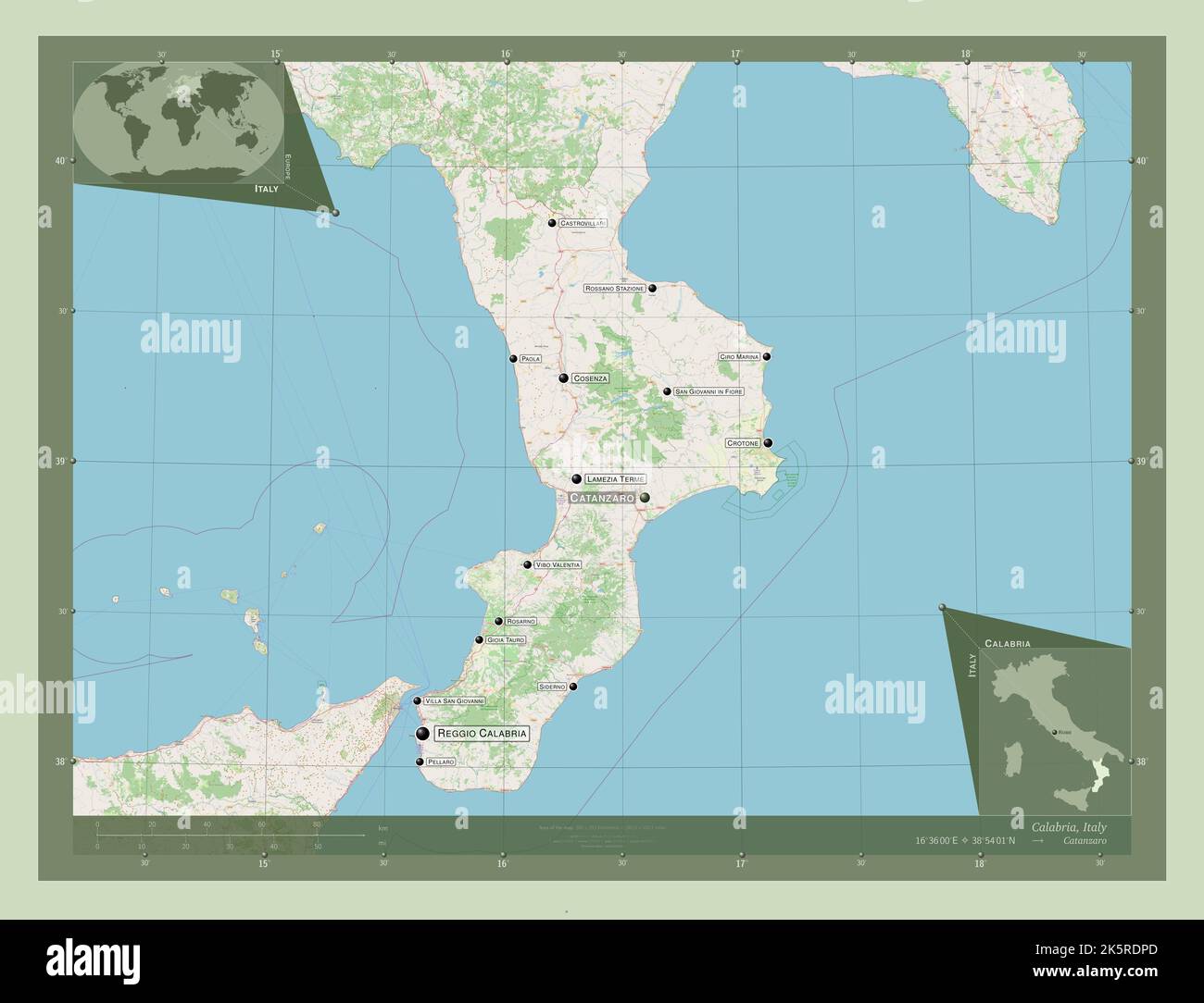 Calabria, region of Italy. Open Street Map. Locations and names of ...