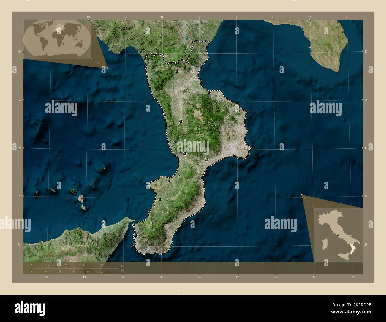 Calabria, region of Italy. High resolution satellite map. Locations of ...