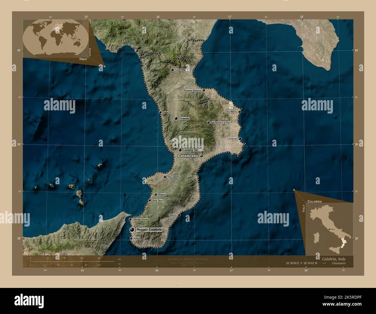 Calabria, region of Italy. Low resolution satellite map. Locations and ...