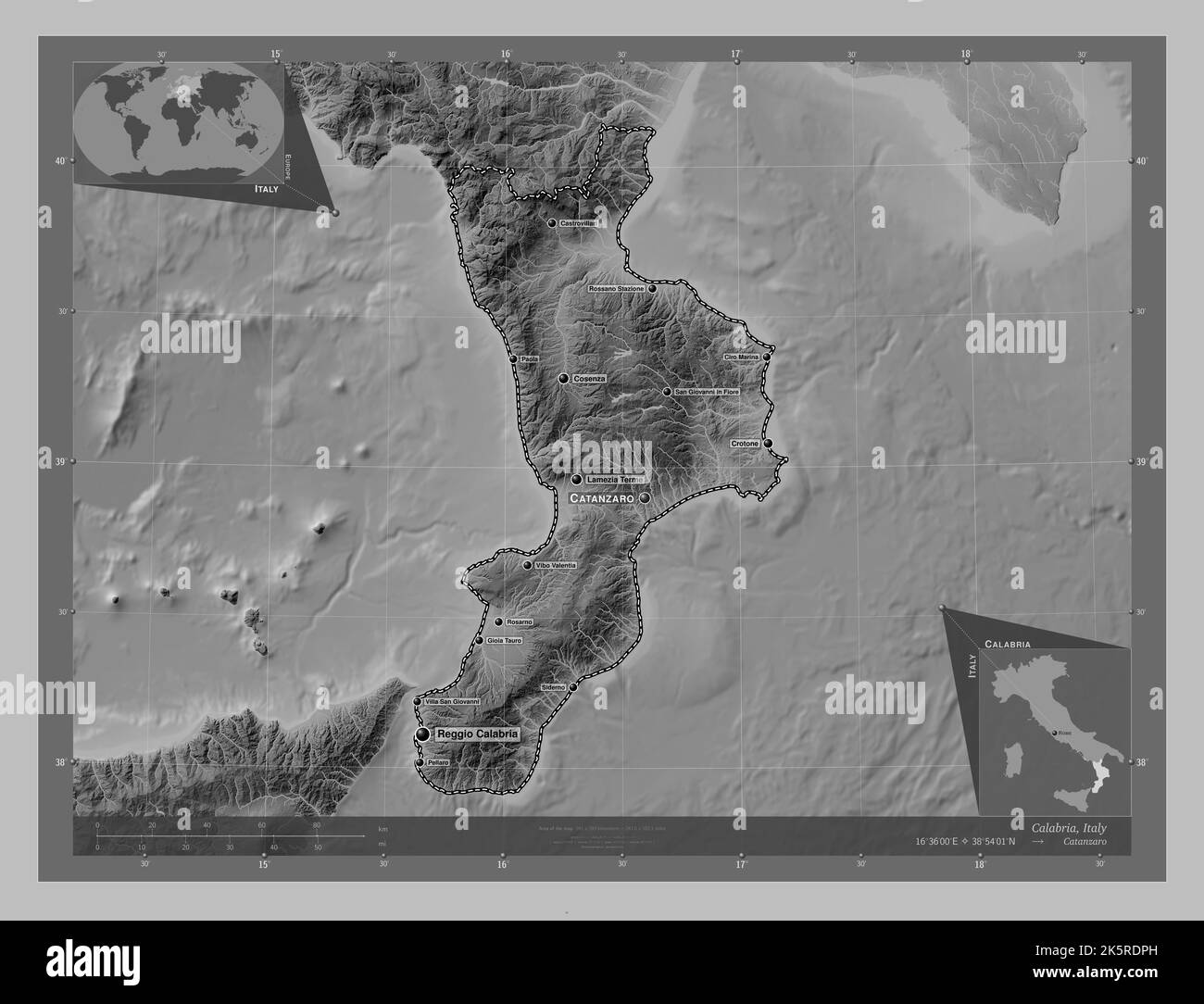 Calabria, region of Italy. Grayscale elevation map with lakes and ...