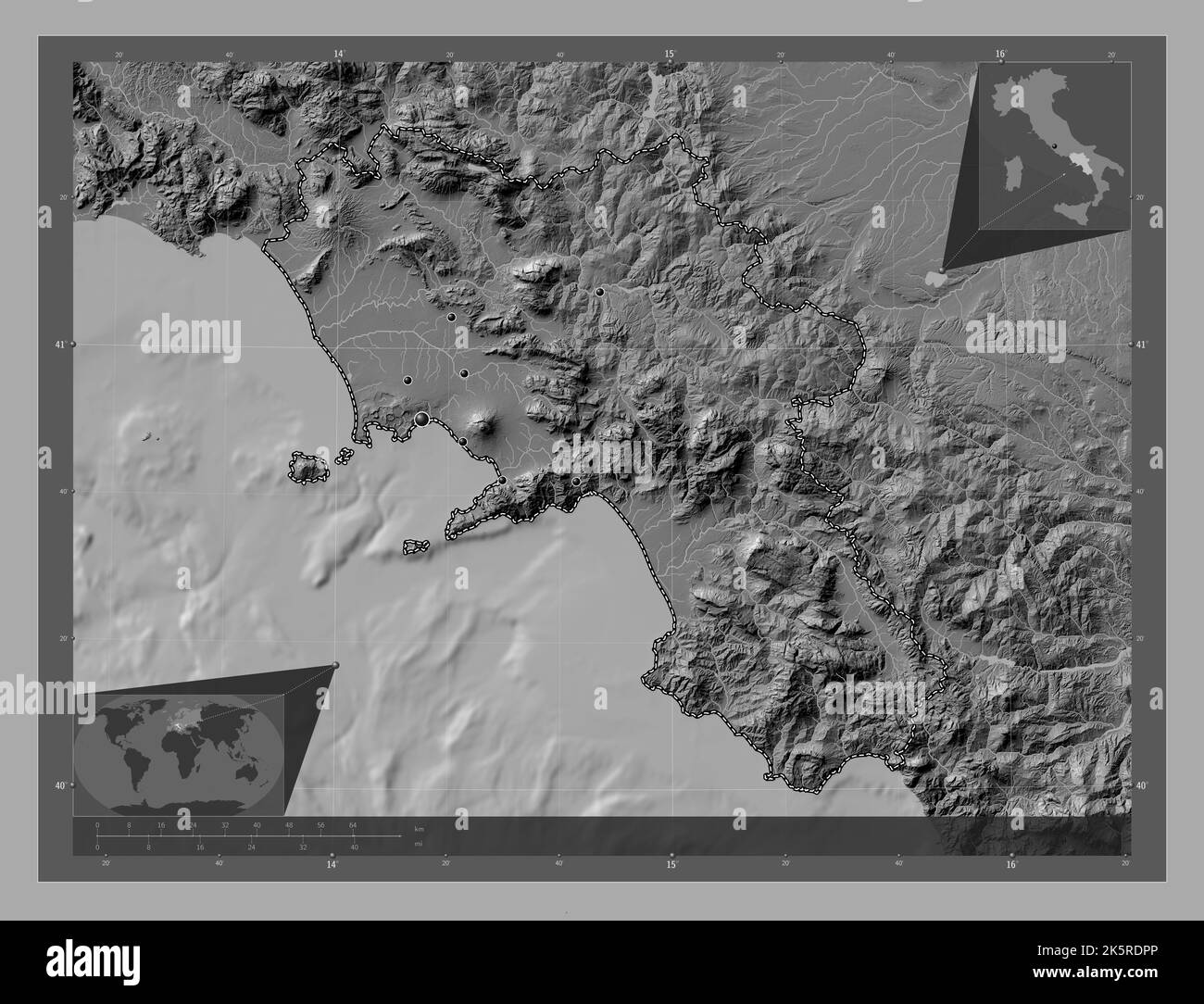 Campania, region of Italy. Bilevel elevation map with lakes and rivers ...