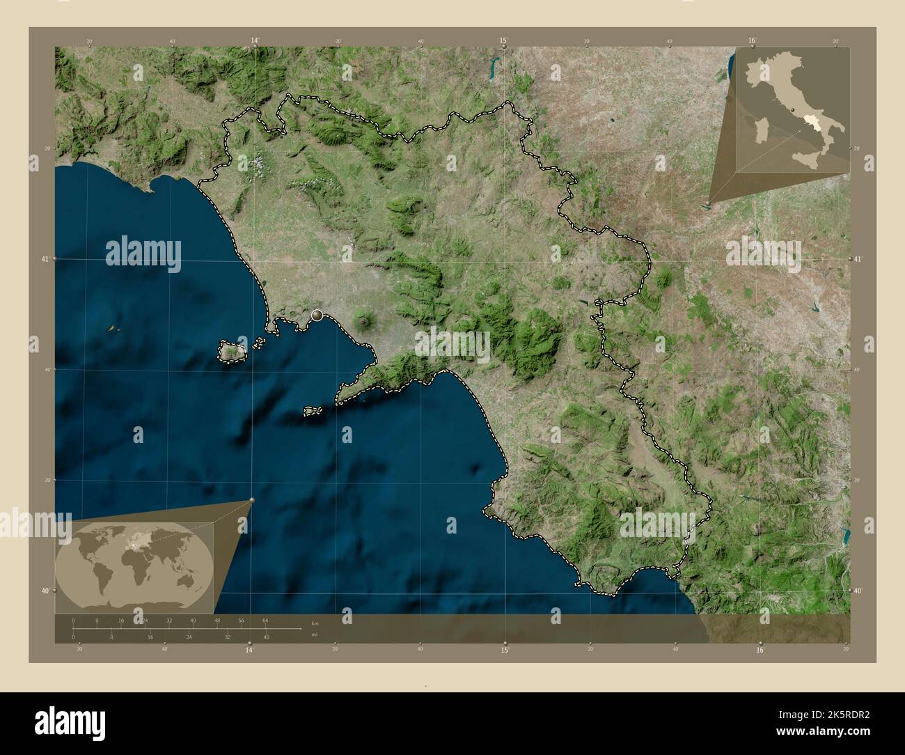 Campania, region of Italy. High resolution satellite map. Corner ...