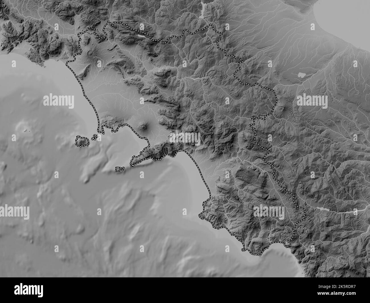 Campania, region of Italy. Grayscale elevation map with lakes and ...