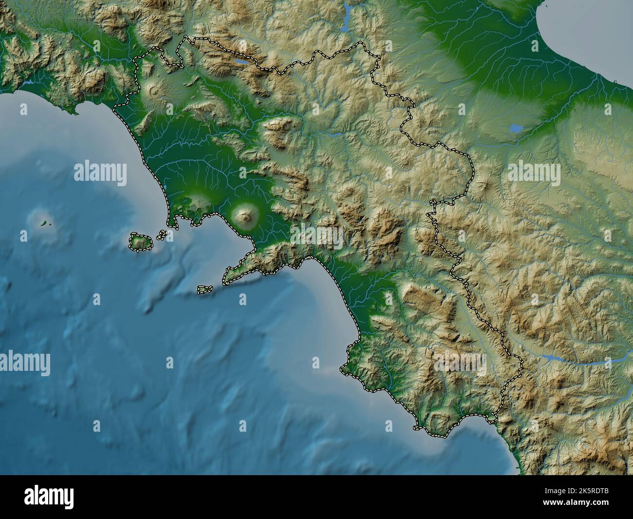 Campania, region of Italy. Colored elevation map with lakes and rivers ...