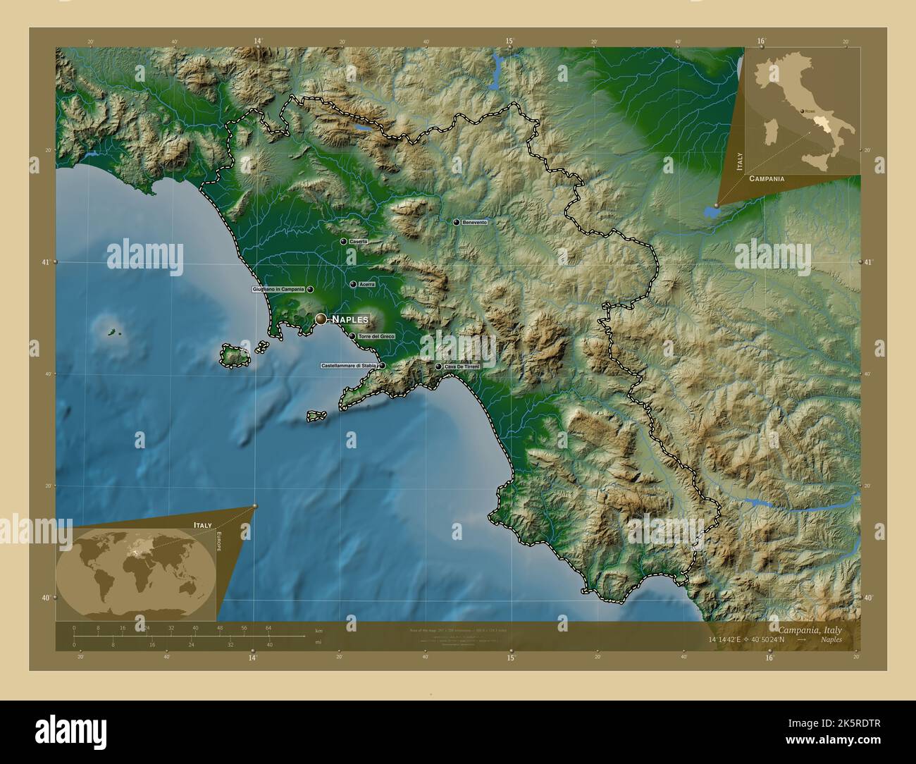 Campania, region of Italy. Colored elevation map with lakes and rivers ...