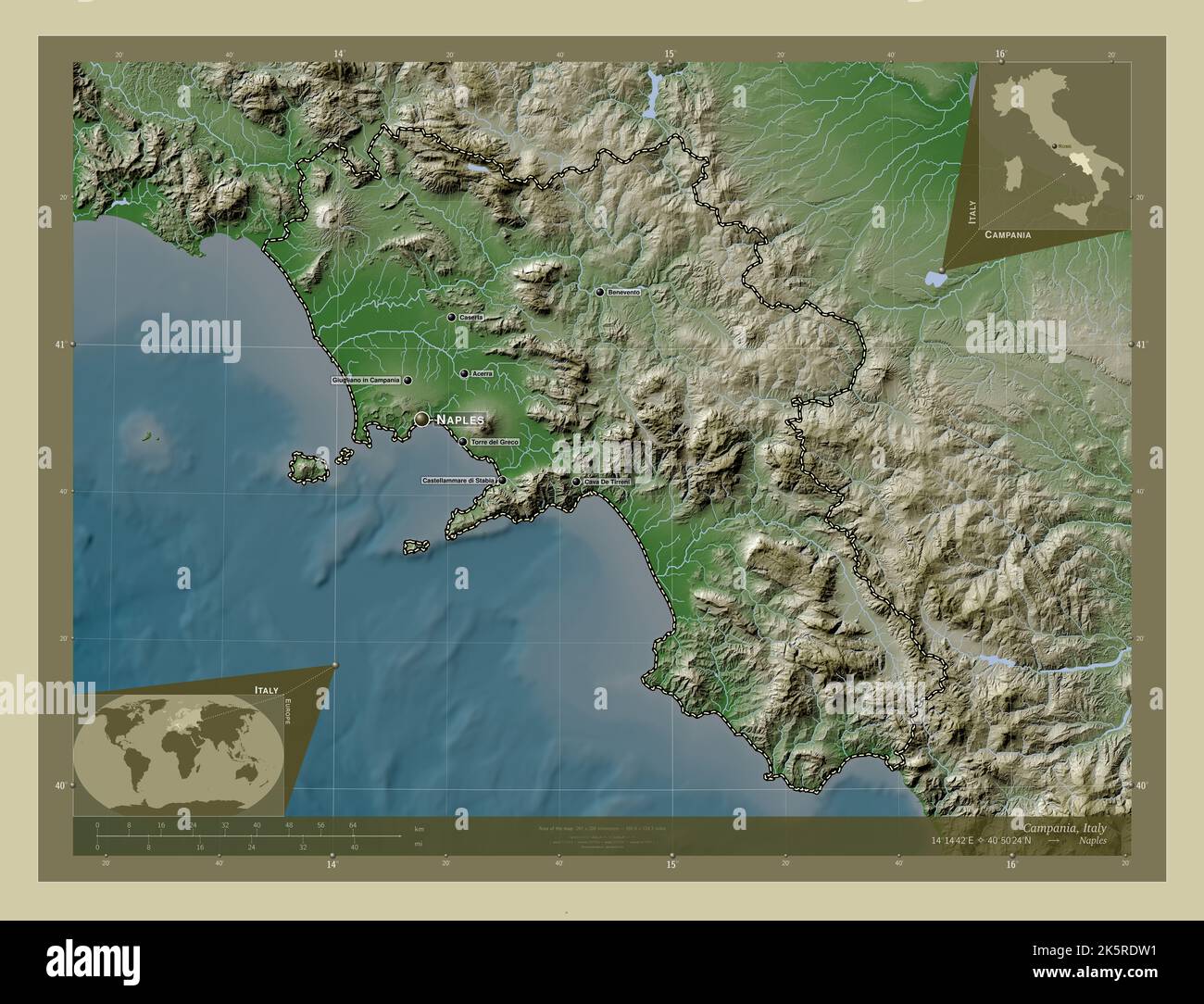 Campania, region of Italy. Elevation map colored in wiki style with ...