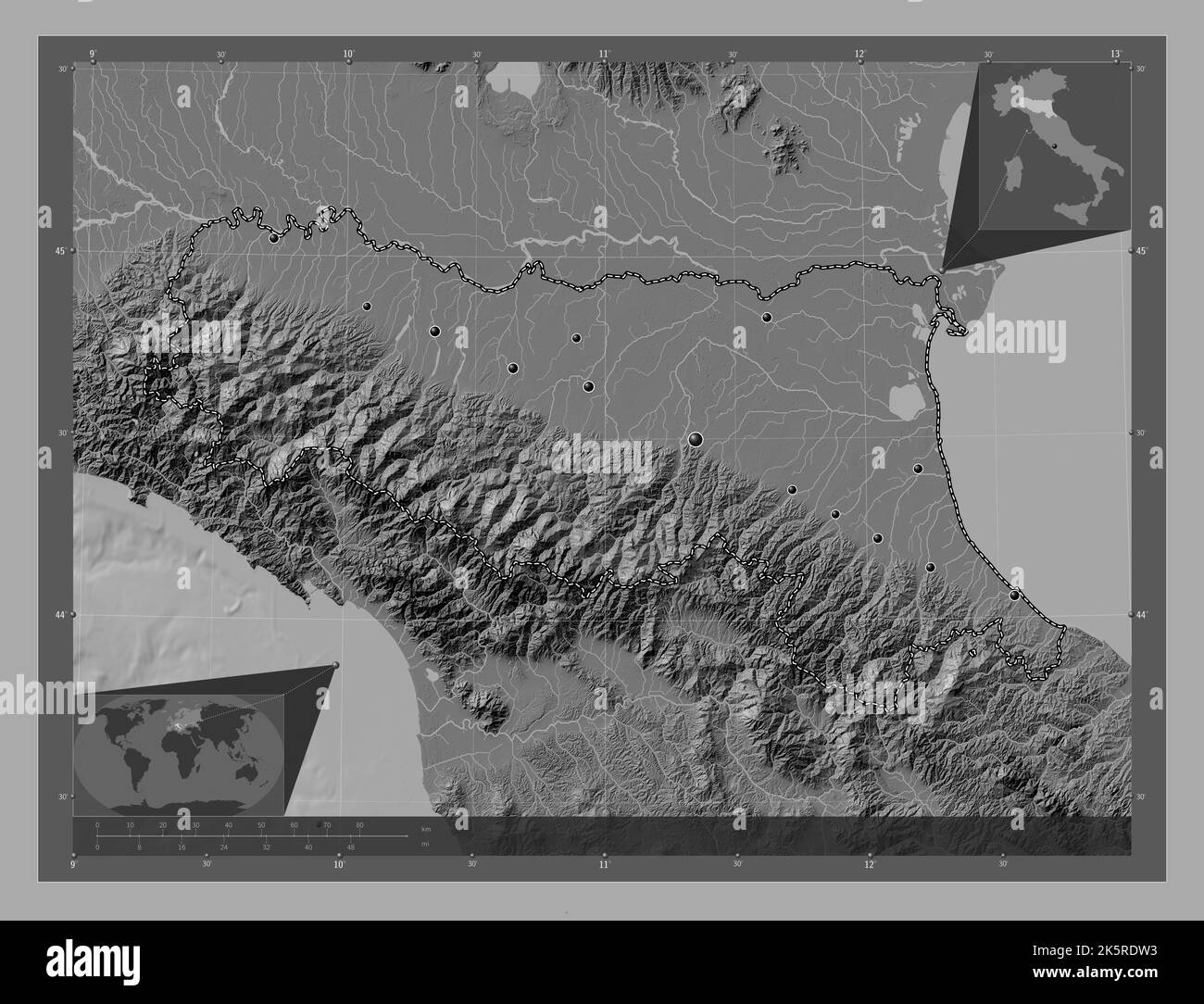 Emilia-Romagna, region of Italy. Bilevel elevation map with lakes and ...