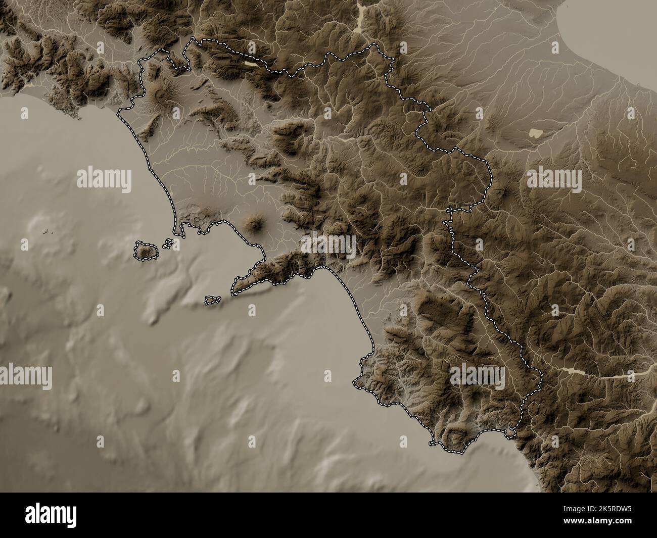 Campania, region of Italy. Elevation map colored in sepia tones with ...
