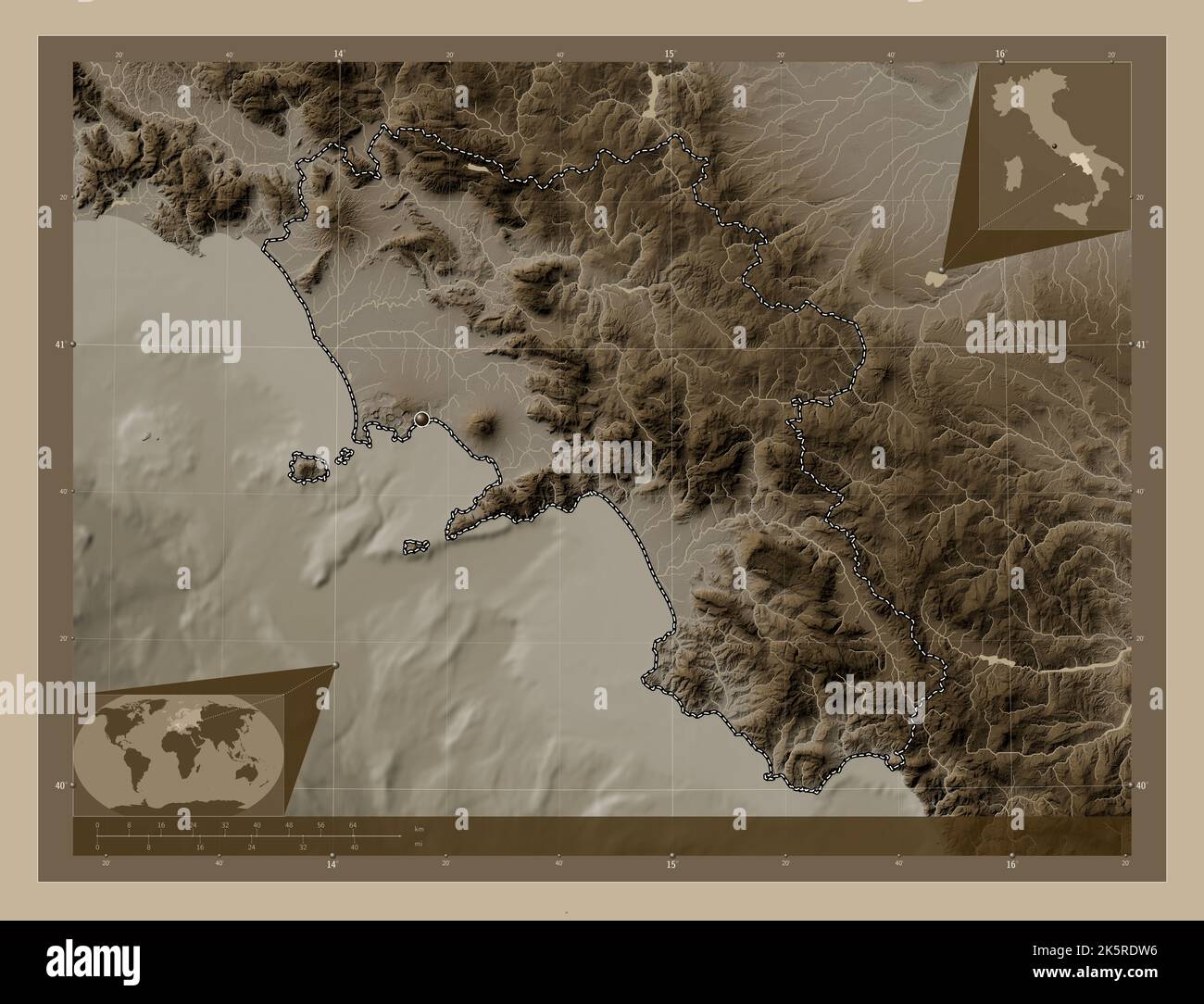 Campania, region of Italy. Elevation map colored in sepia tones with ...