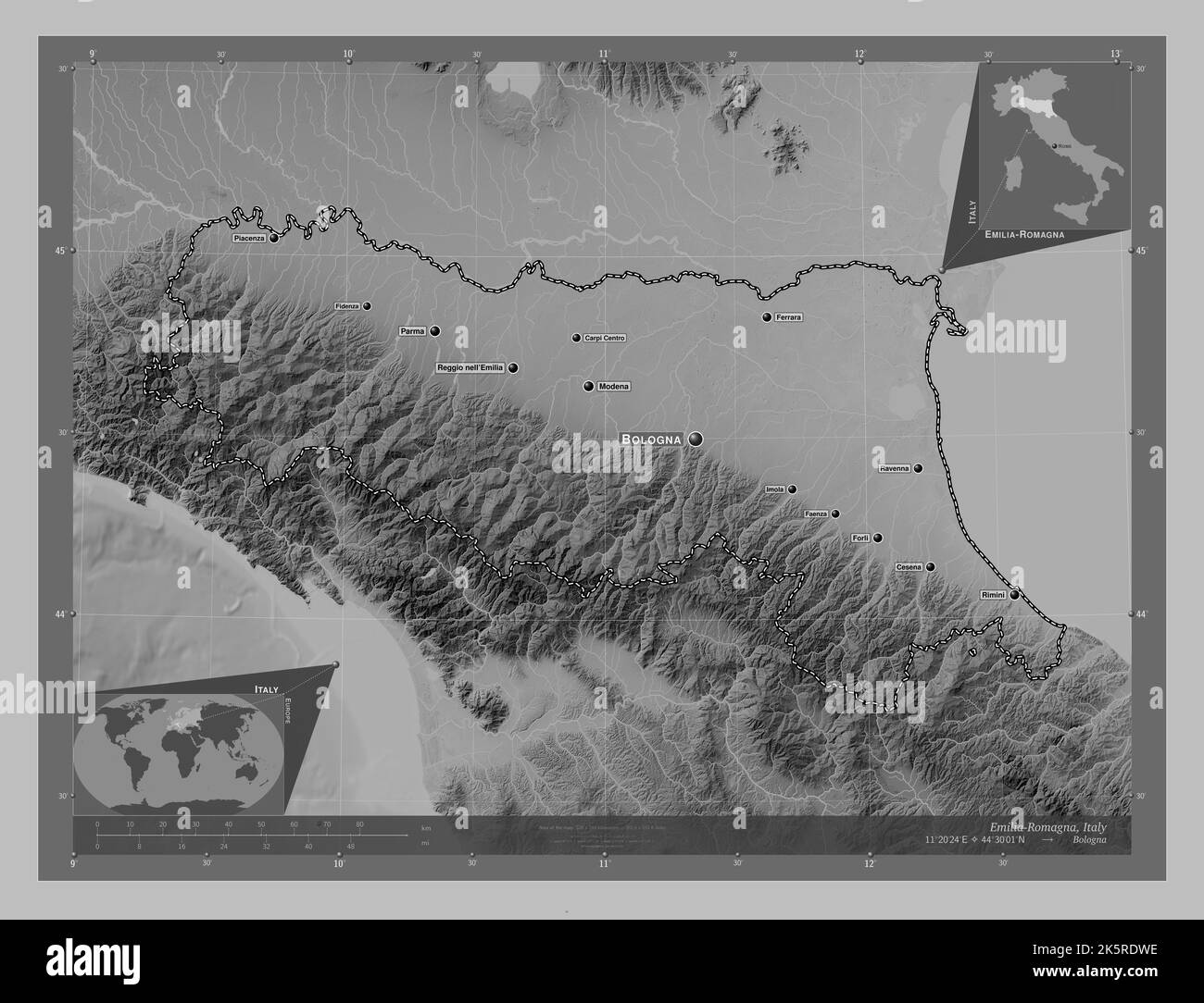 Emilia-Romagna, region of Italy. Grayscale elevation map with lakes and ...