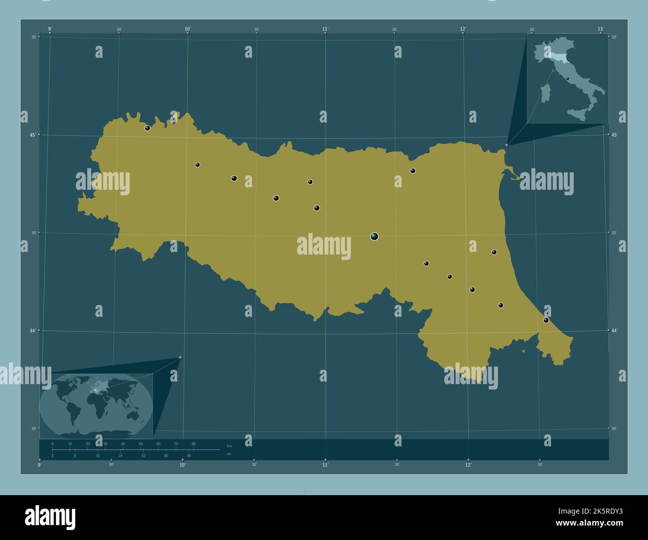 Emilia-Romagna, region of Italy. Solid color shape. Locations of major ...