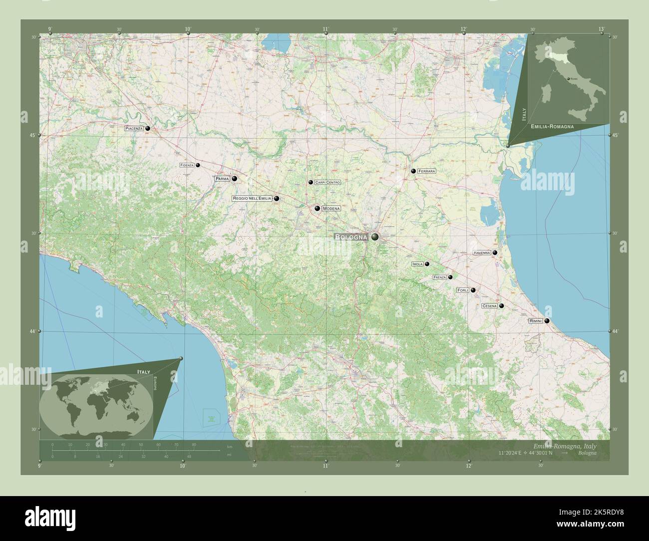 Emilia-Romagna, region of Italy. Open Street Map. Locations and names ...