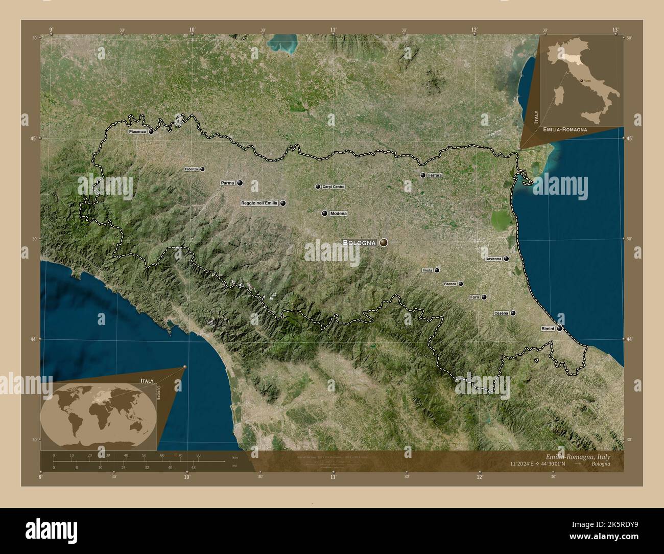 Emilia-Romagna, region of Italy. Low resolution satellite map ...