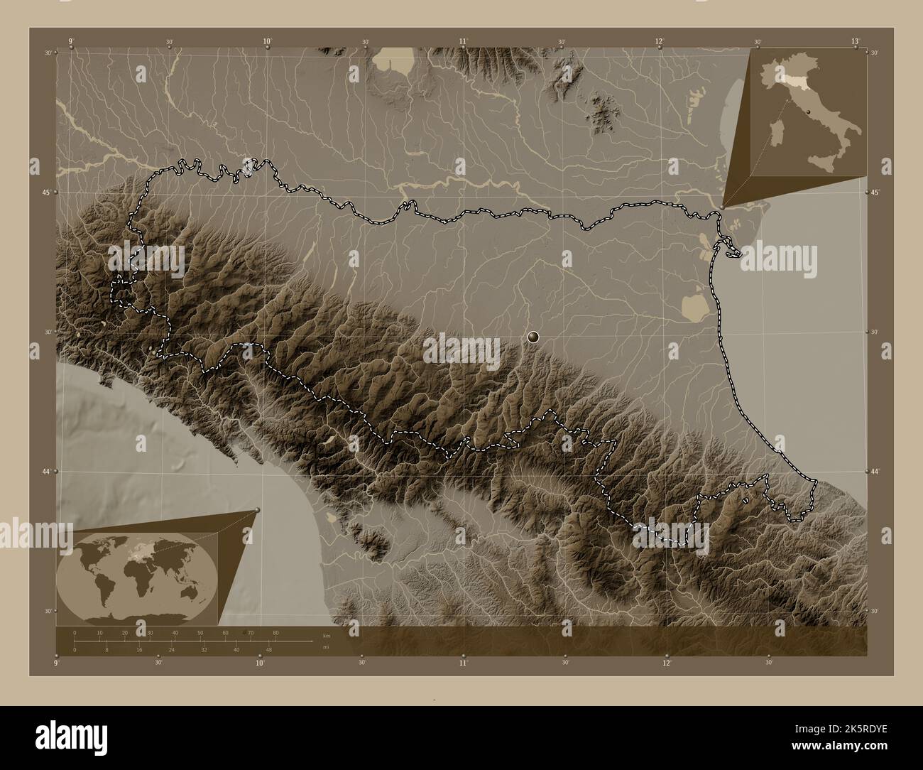 Emilia-Romagna, region of Italy. Elevation map colored in sepia tones ...
