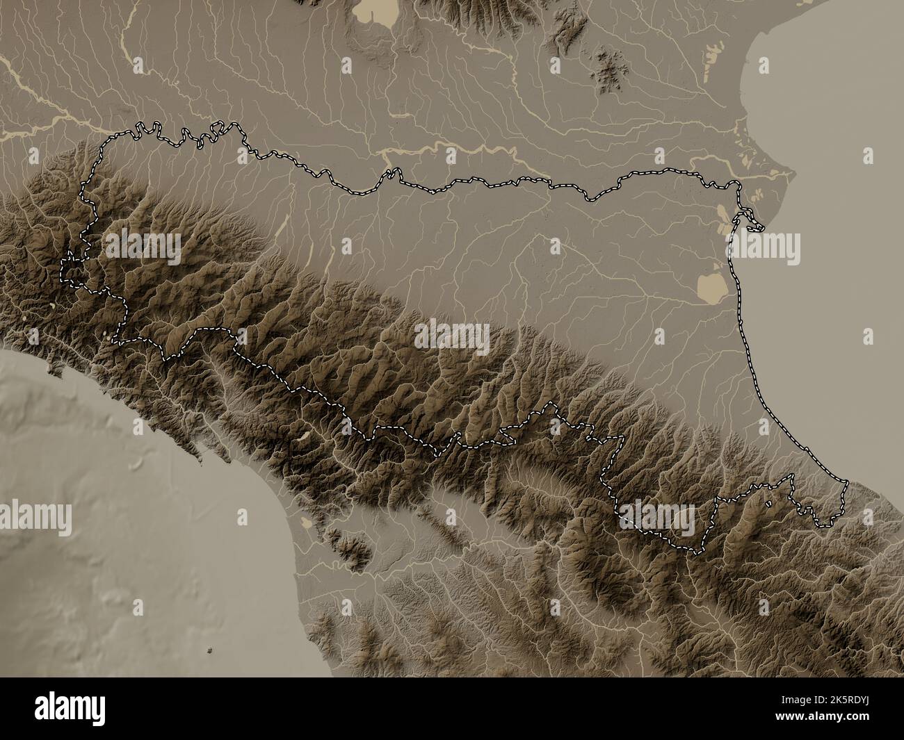 Emilia-Romagna, region of Italy. Elevation map colored in sepia tones ...