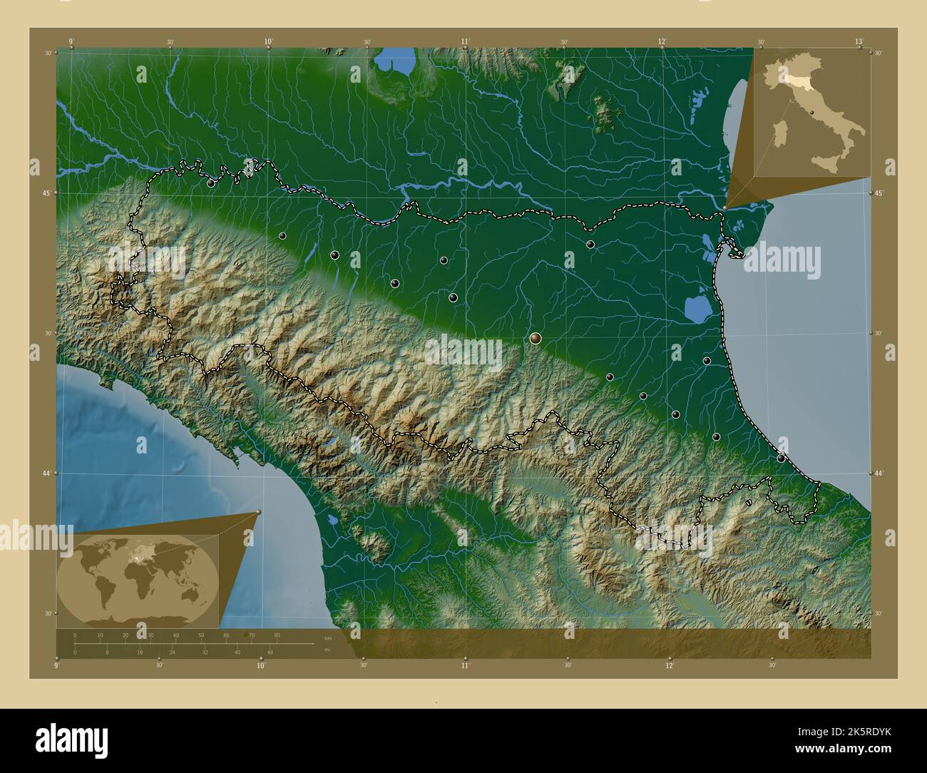 Emilia-Romagna, region of Italy. Colored elevation map with lakes and ...