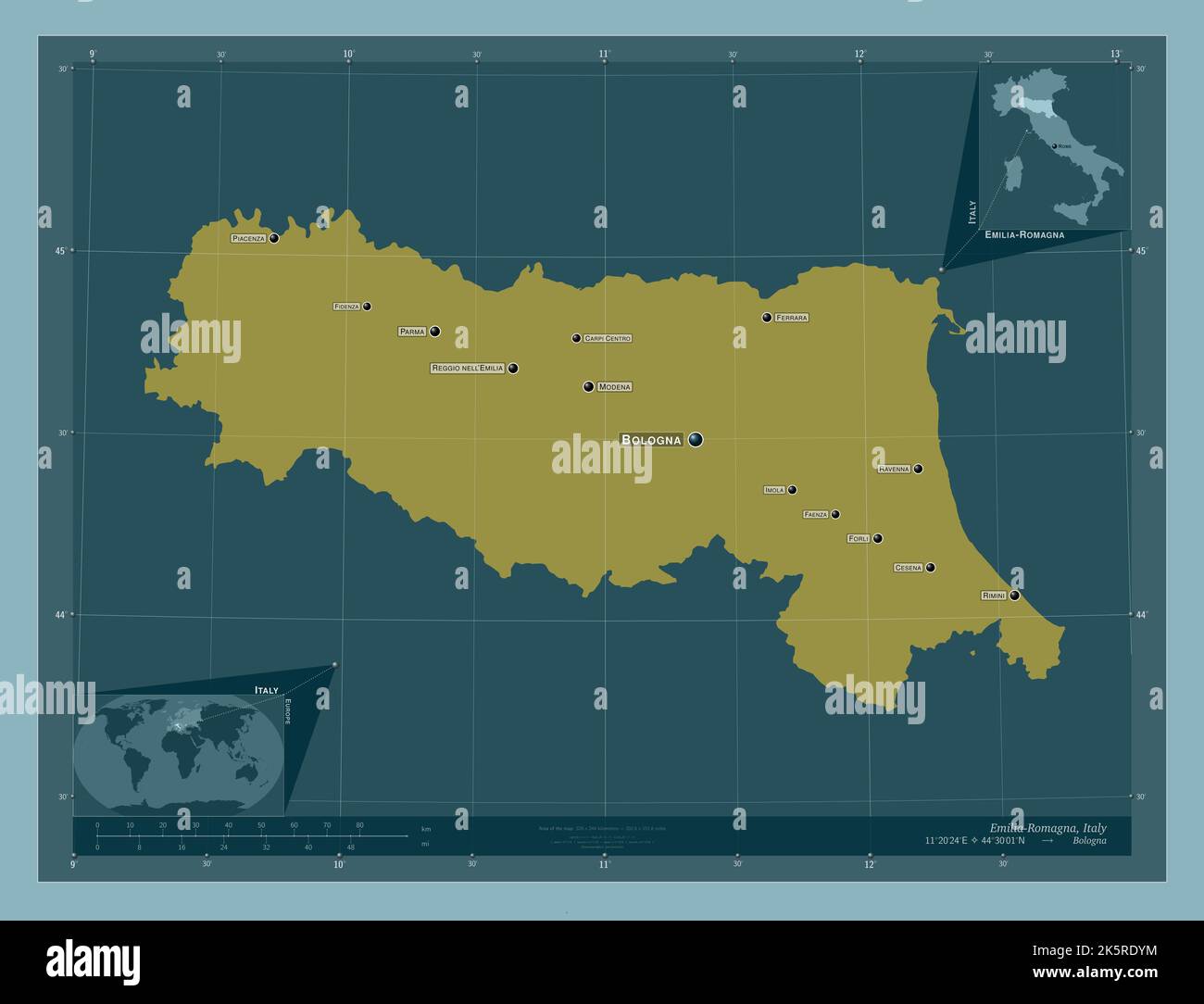 Emilia-Romagna, region of Italy. Solid color shape. Locations and names ...