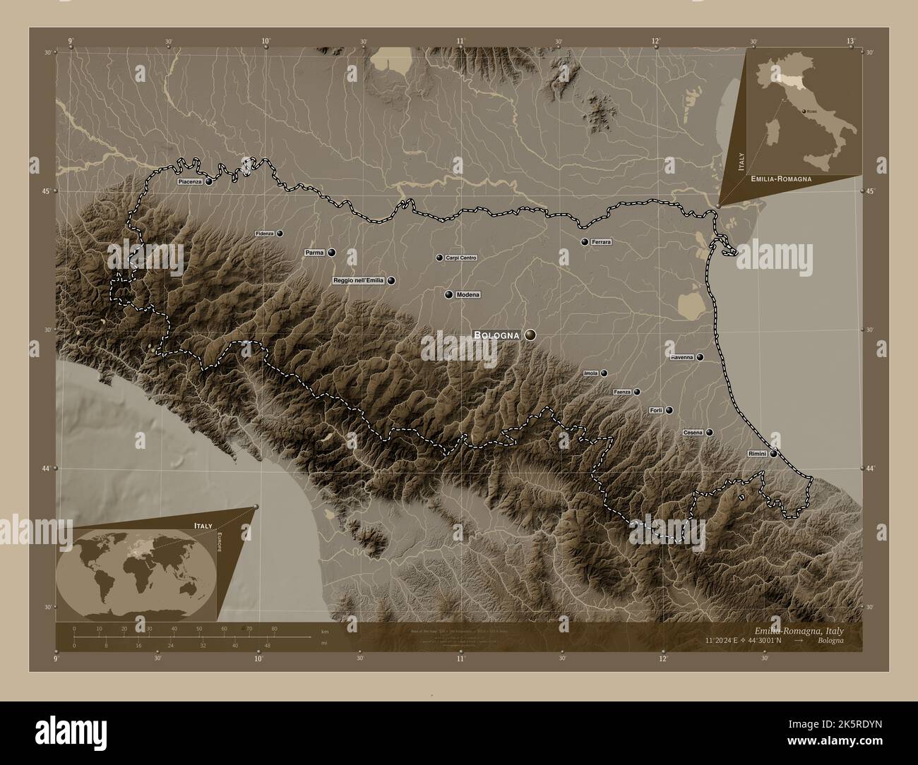 Emilia-Romagna, region of Italy. Elevation map colored in sepia tones ...