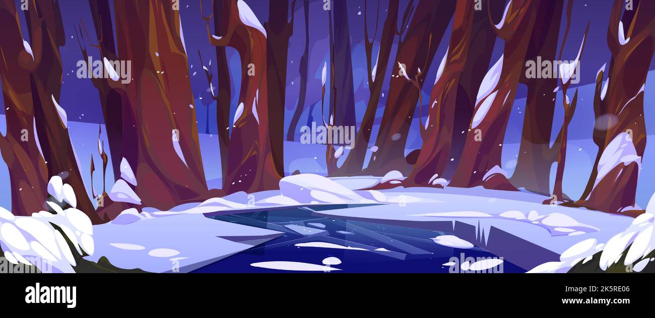 Snowy forest glade with frozen lake. Winter nature scene, dark deep ...