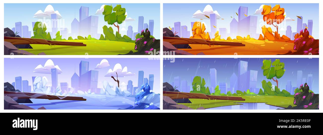 City park at summer, spring, autumn and winter season landscapes set ...