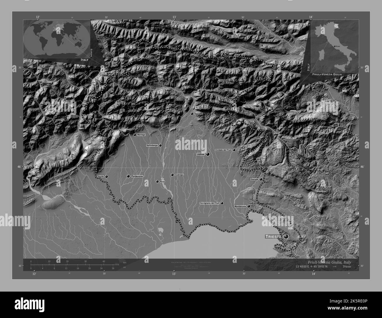 Friuli-Venezia Giulia, autonomous region of Italy. Bilevel elevation ...
