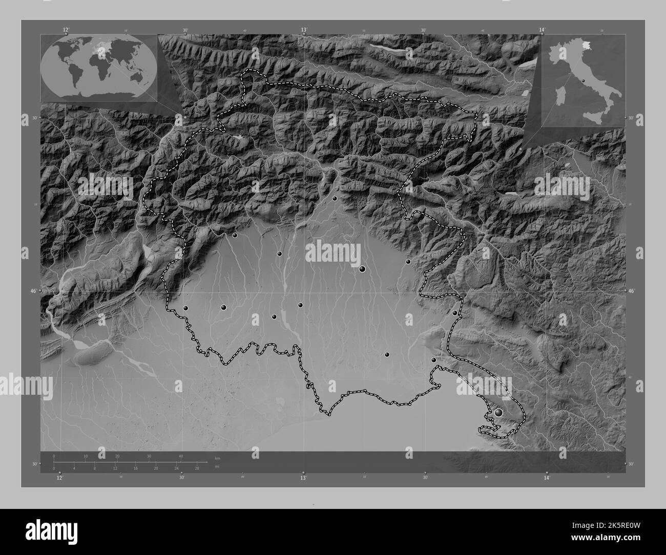 Friuli-Venezia Giulia, autonomous region of Italy. Grayscale elevation ...